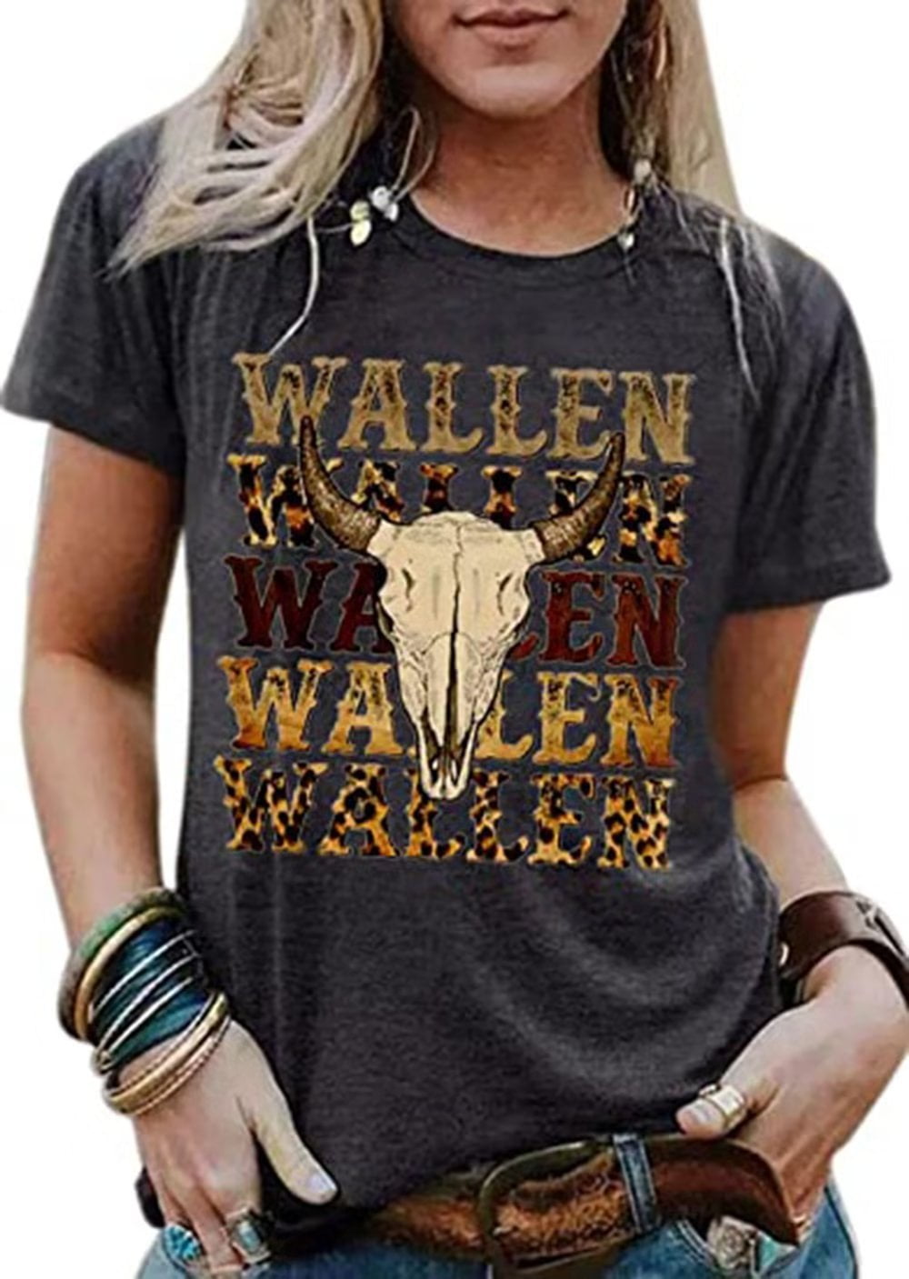 Wallen Shirt Women Funny Leopard Steer Skull Graphic Tee Top Country ...