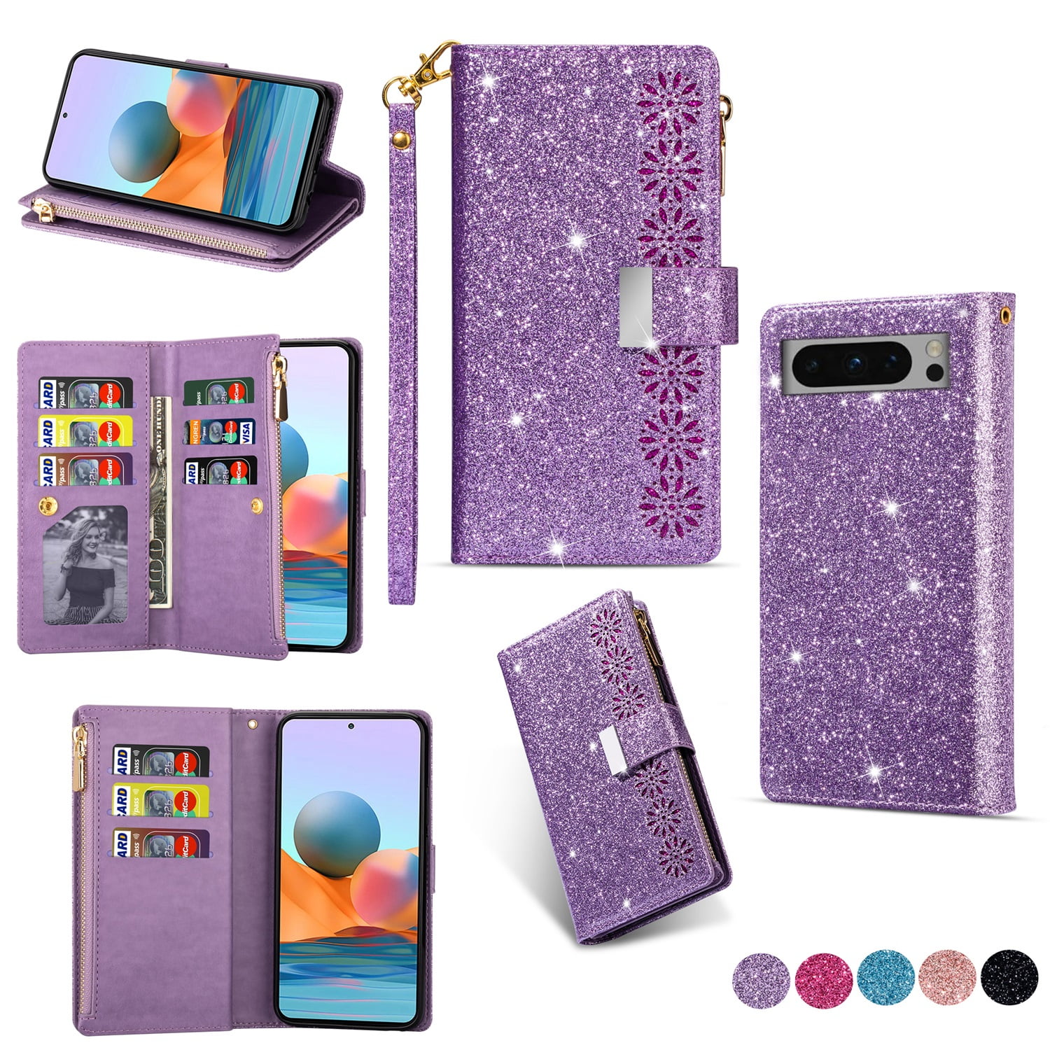 Wallet Case for Google Pixel 8, Glitter Bling Flip Folio Leather ...