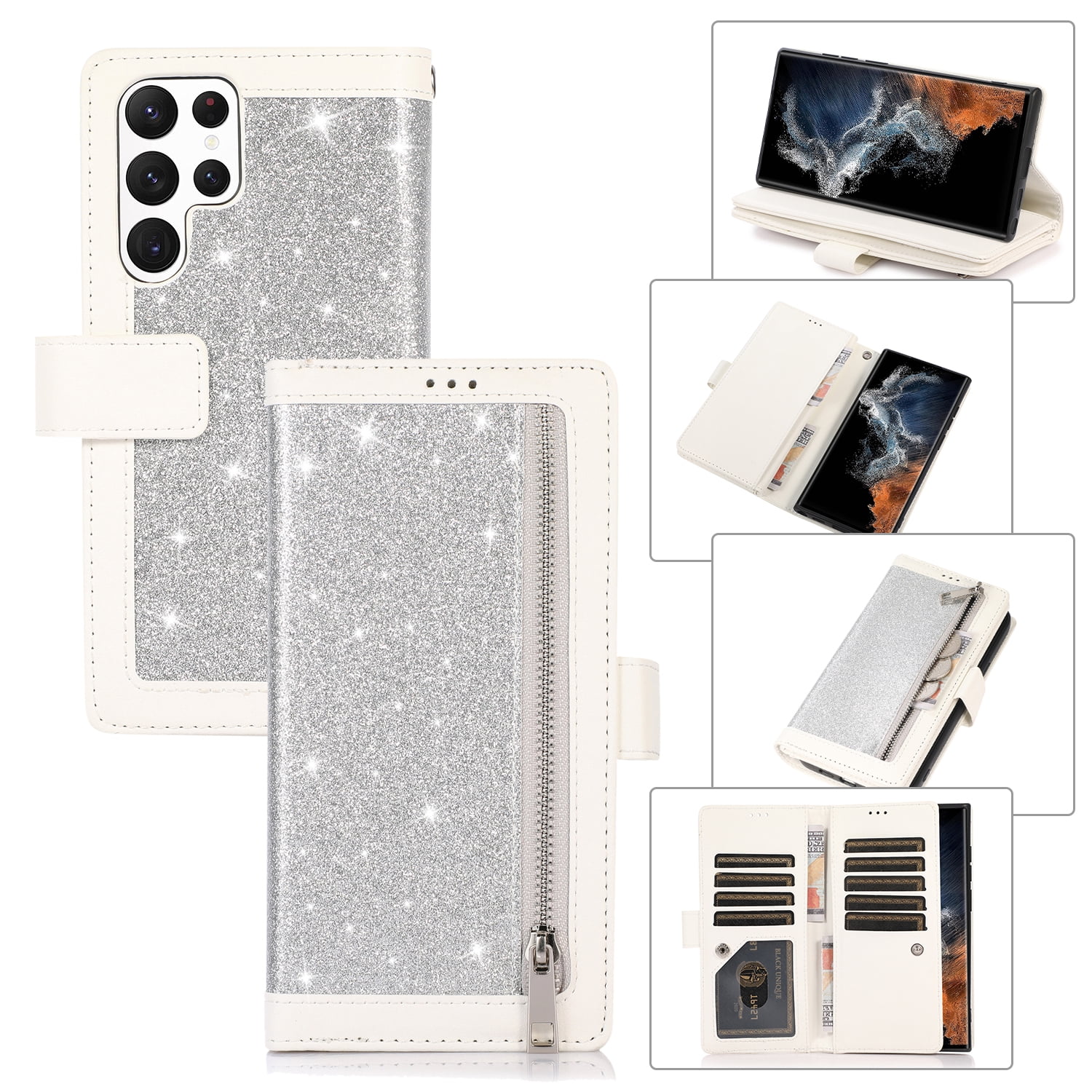 Wallet Case for Samsung Galaxy S22 Ultra Shining Zipper Pocket Cover ...