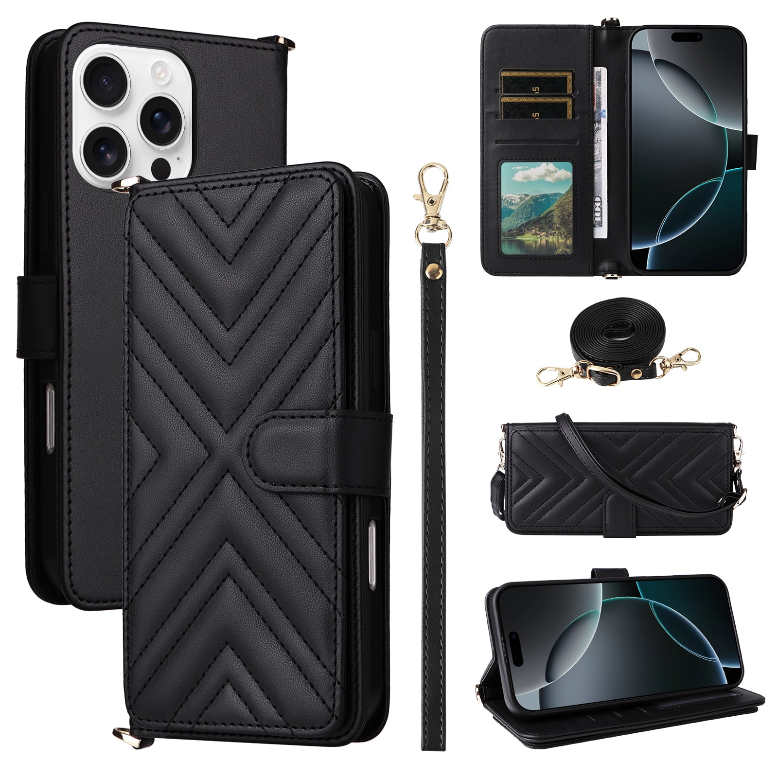 Wallet Case for iPhone 13 Pro Max Flip Purse with Wrist Strap Shoulder ...