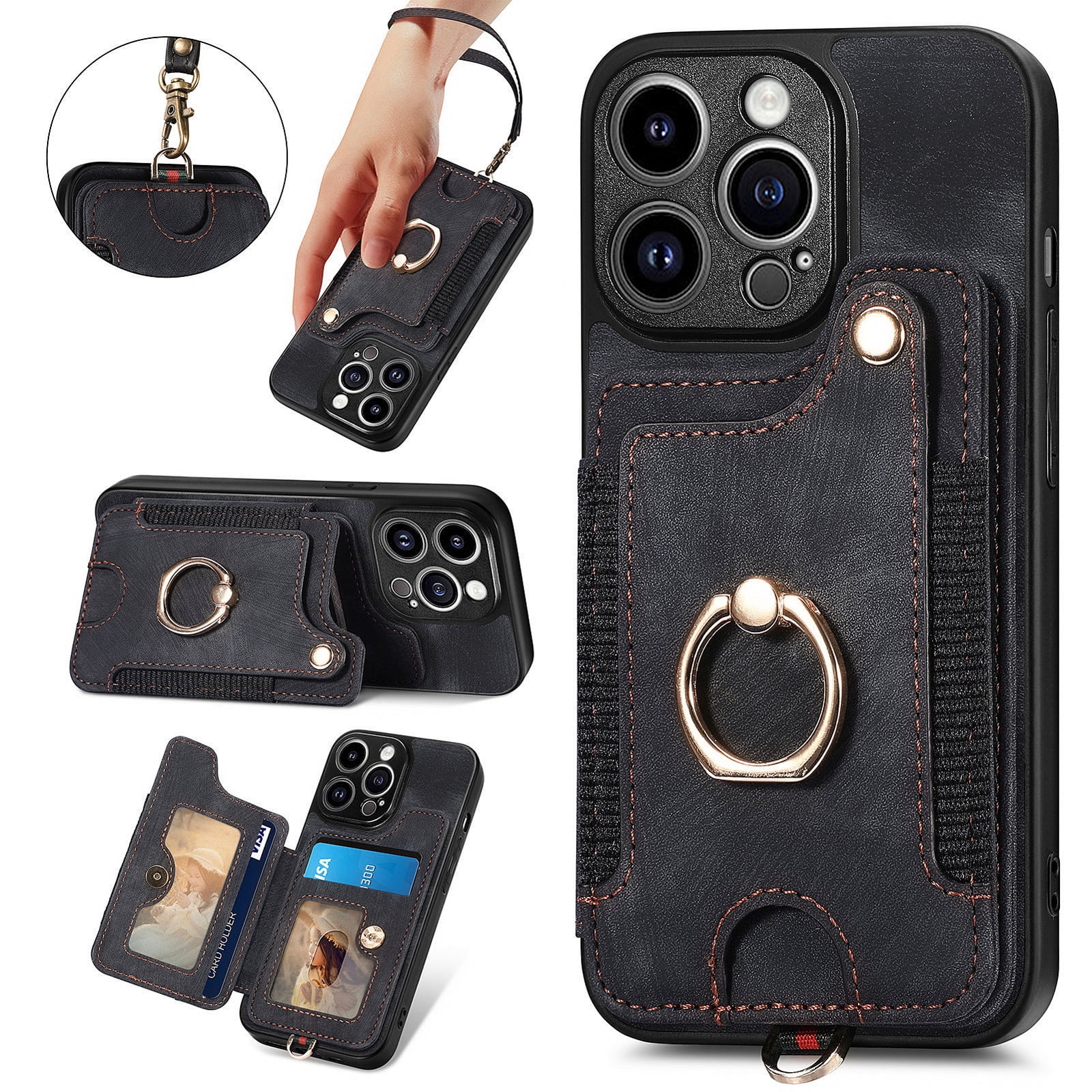 Wallet Case for iPhone 13 Pro, Ring Holder Kickstand Retro Premium Leather Credit Card Holder ...