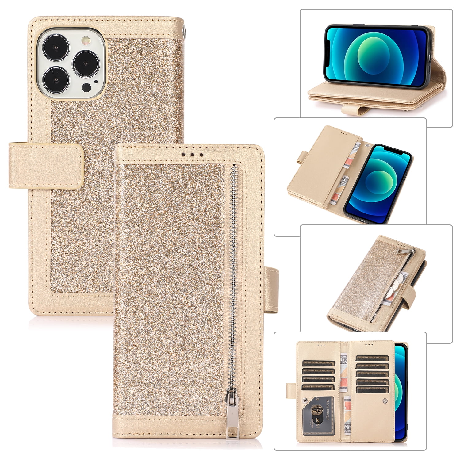 Wallet Case for iPhone 14 Pro Max Shining Zipper Pocket Cover, Glitter ...