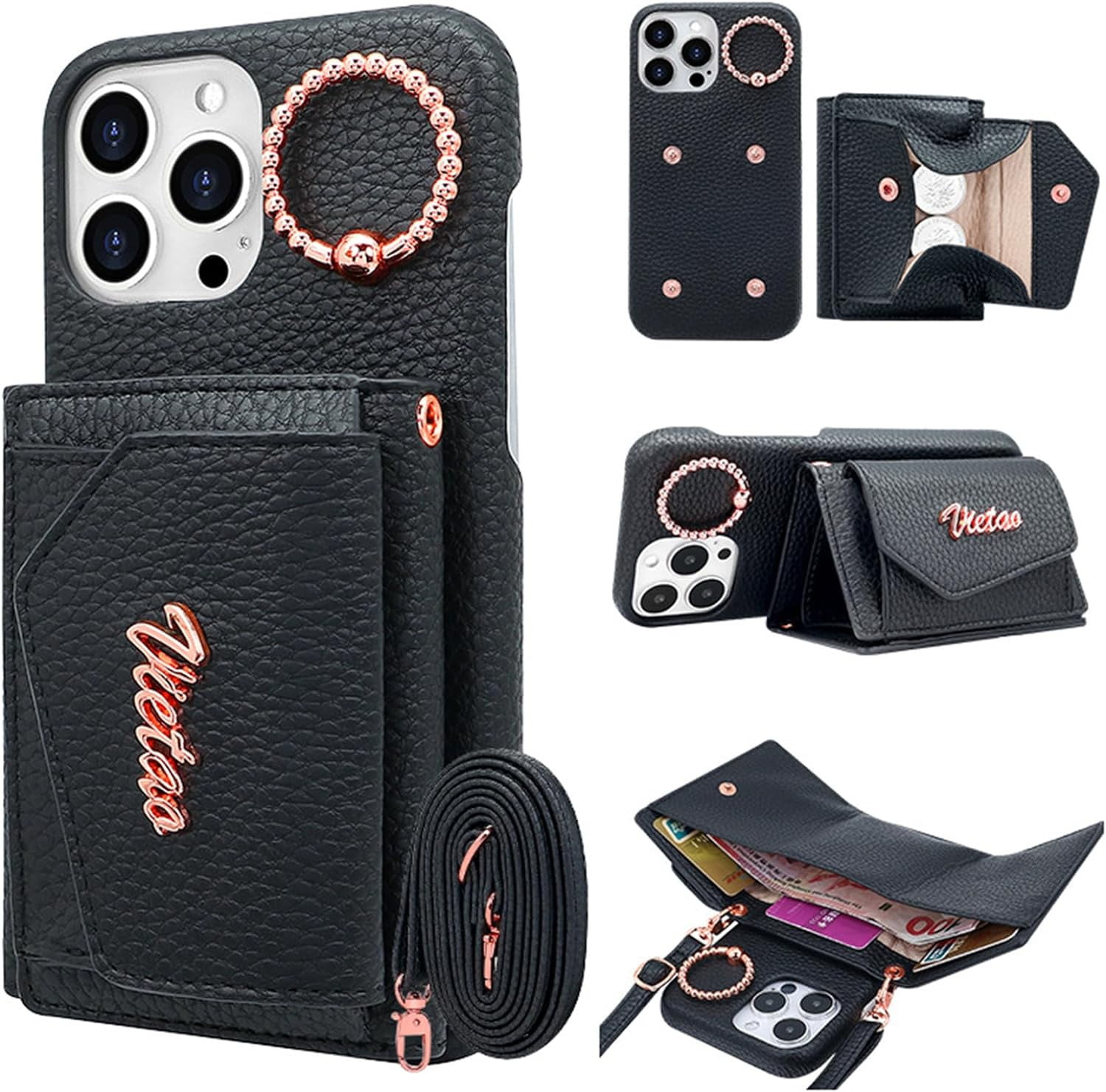 Wallet Case for iPhone 15 Pro Max/15 Pro/15 Plus/15, Litchi Grain Leather Handbag Purse Card ...