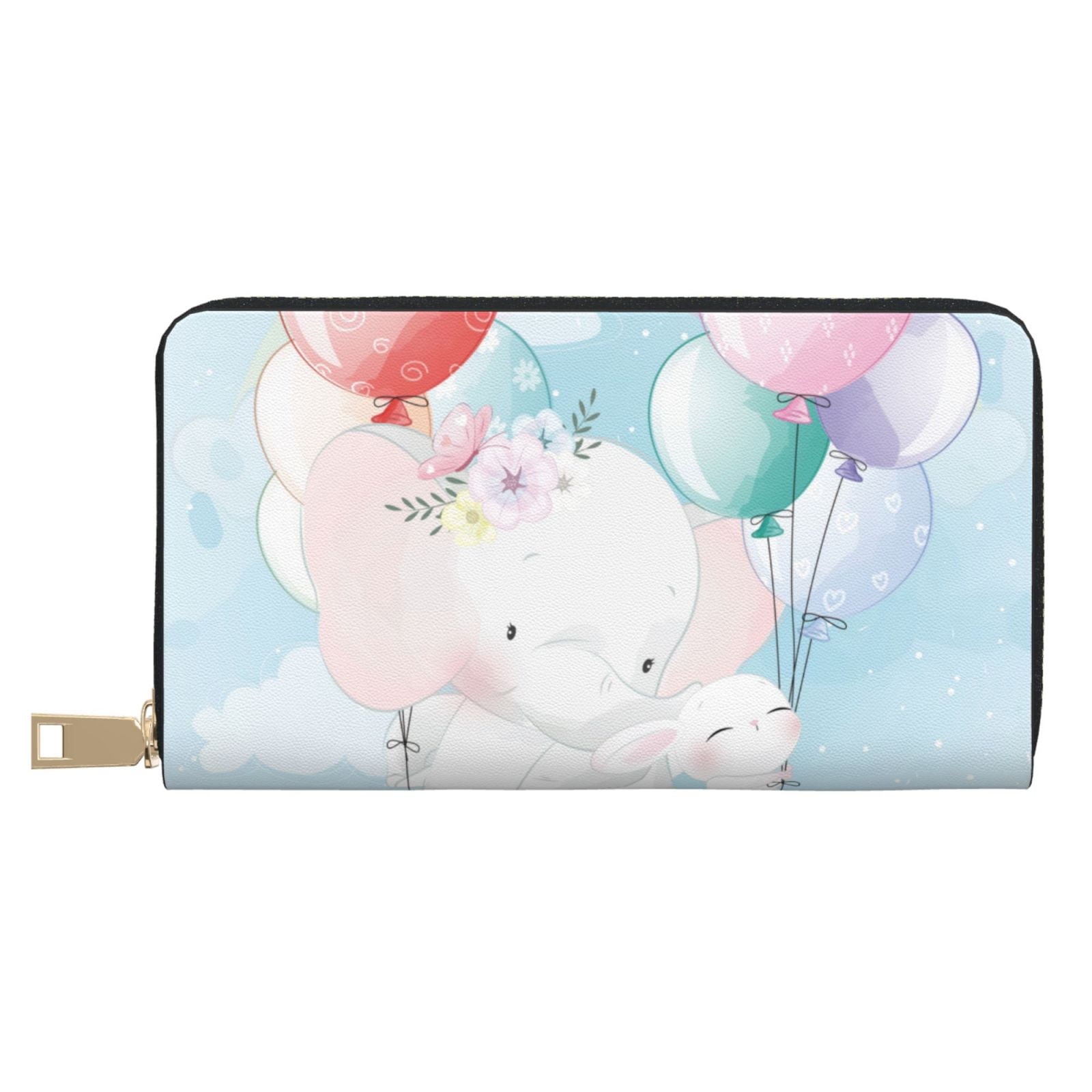Wallet for Men Women - Cute Elephant Bunny Flying With Balloon Long ...