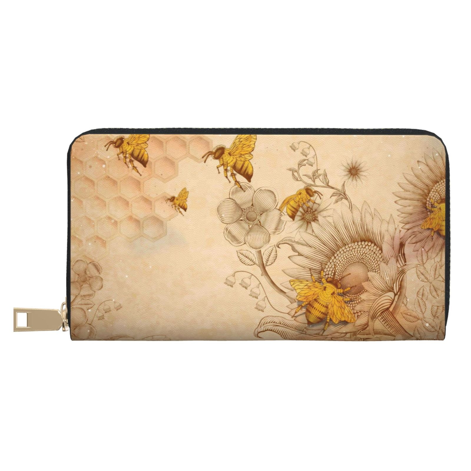 Wallet for Men Women - Retro Hand Drawn Honey Bees And Sunflowers Long ...