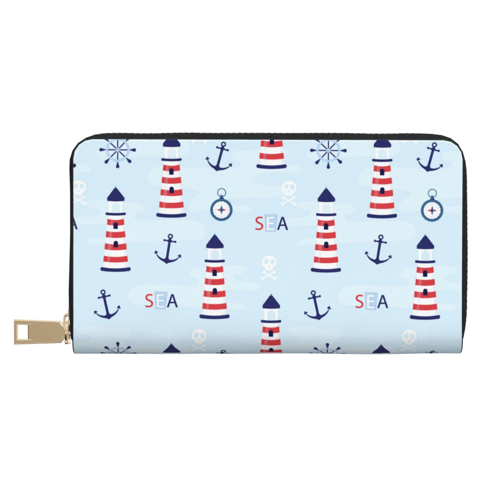 Wallet for Men Women - lighthouse steering wheel anchor blue Long Slim ...