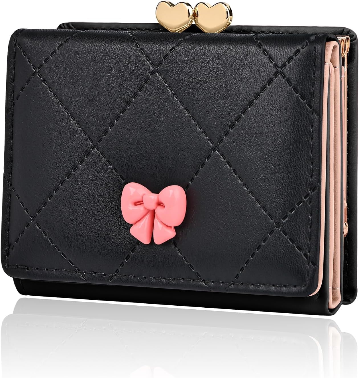 Wallet Women, Pink Small Coquette Bow Trifold Wallets Woman, Heart ...