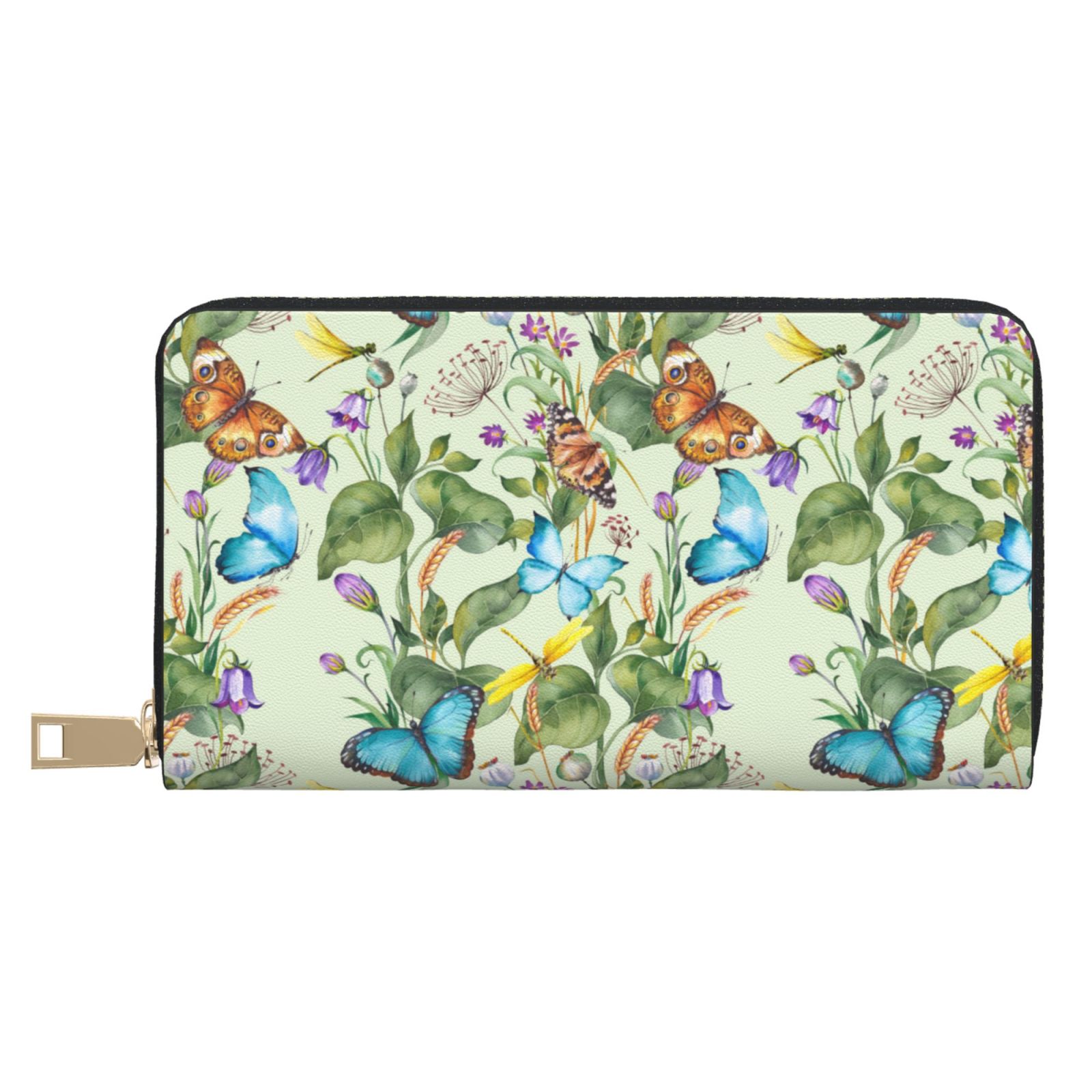 Wallet for Men Women - Meadow Plants And Butterflies Long Slim Card ...