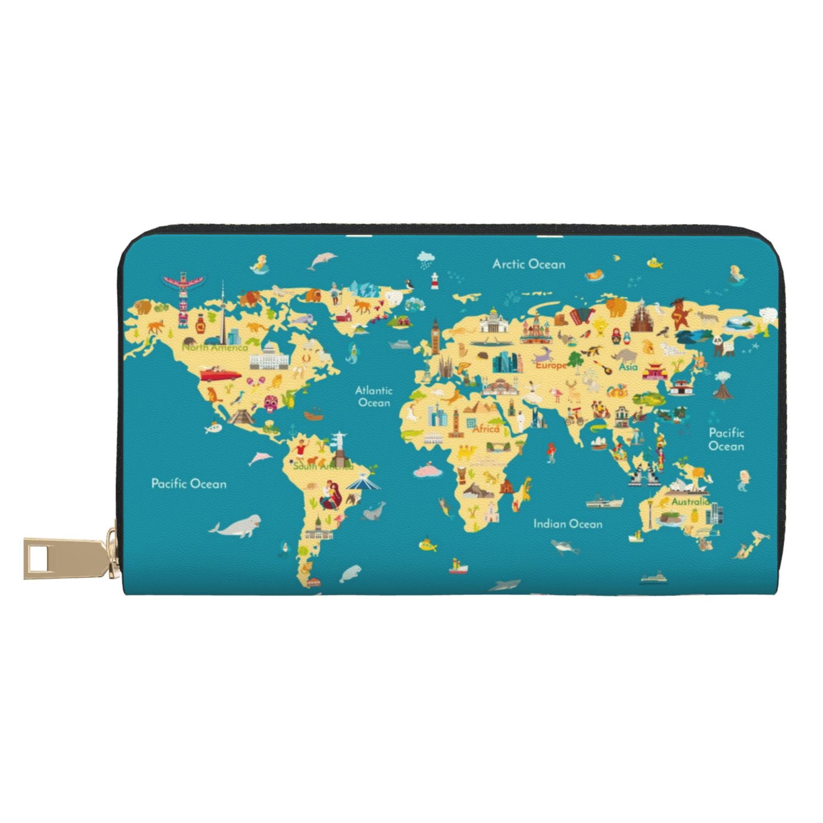 Wallet for Men Women - World Map With Landmarks Long Slim Card Holder ...