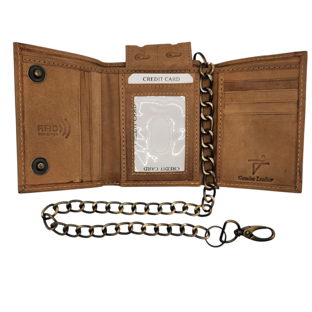 Wallet for Mens RFID Safe Trifold Chain Wallet Pure Leather Tan by ...
