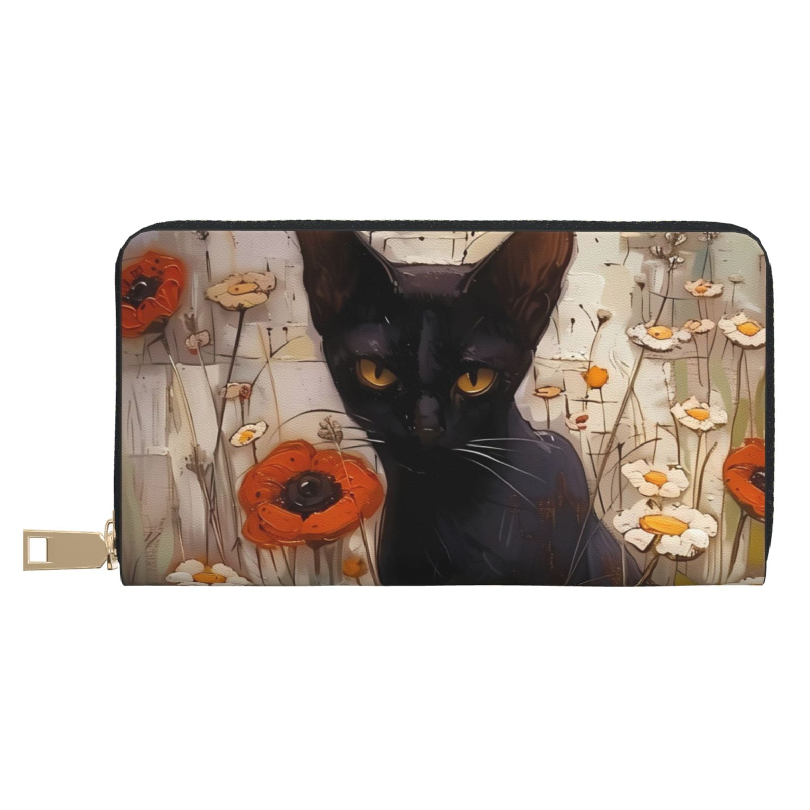 Wallets for Men With Money Clip, Black Cat in Wildflowers Mens Wallet ...