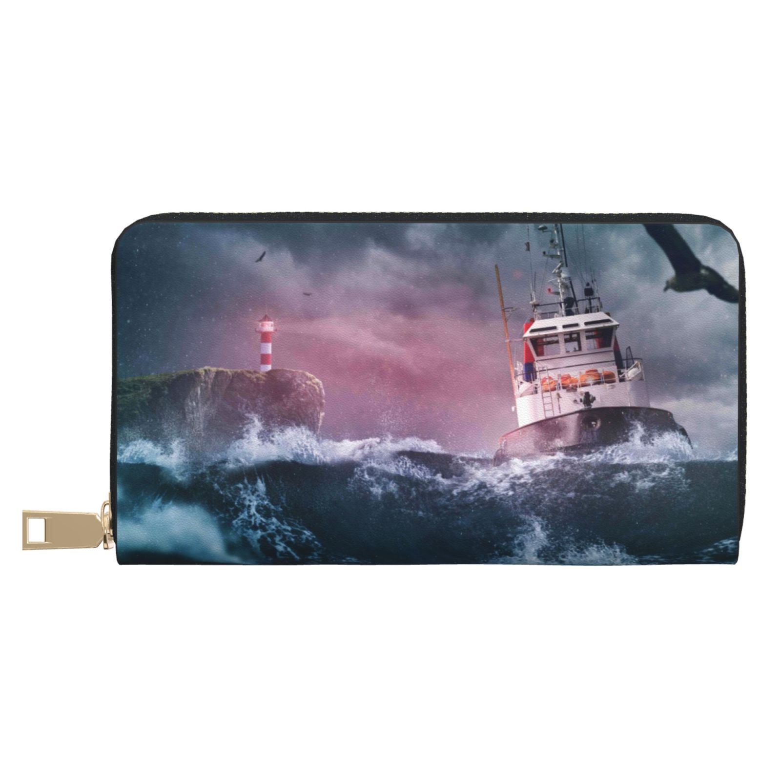 Wallets for Men With Money Clip, Boat Lighthouse Storm Waves Mens ...