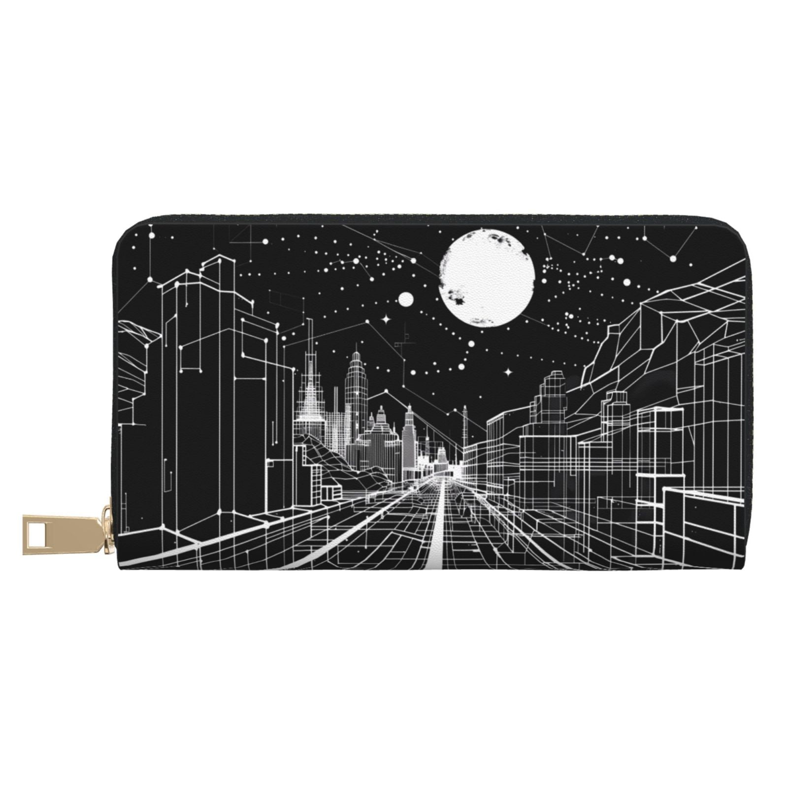 Wallets for Men With Money Clip, Futuristic Moonlit Cityscape Mens ...