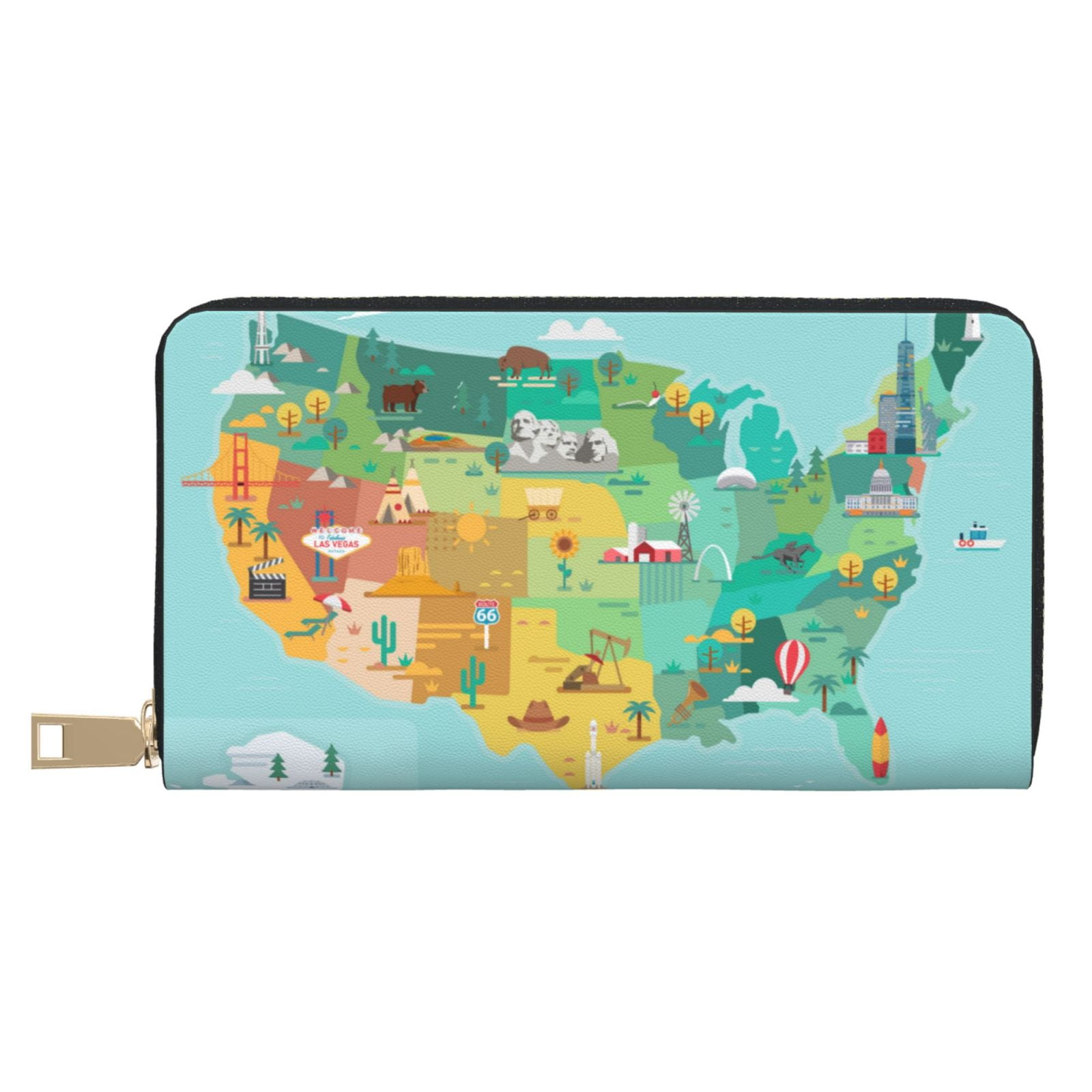 Wallets for Men With Money Clip, USA Tourist Map With Famous Landmarks ...