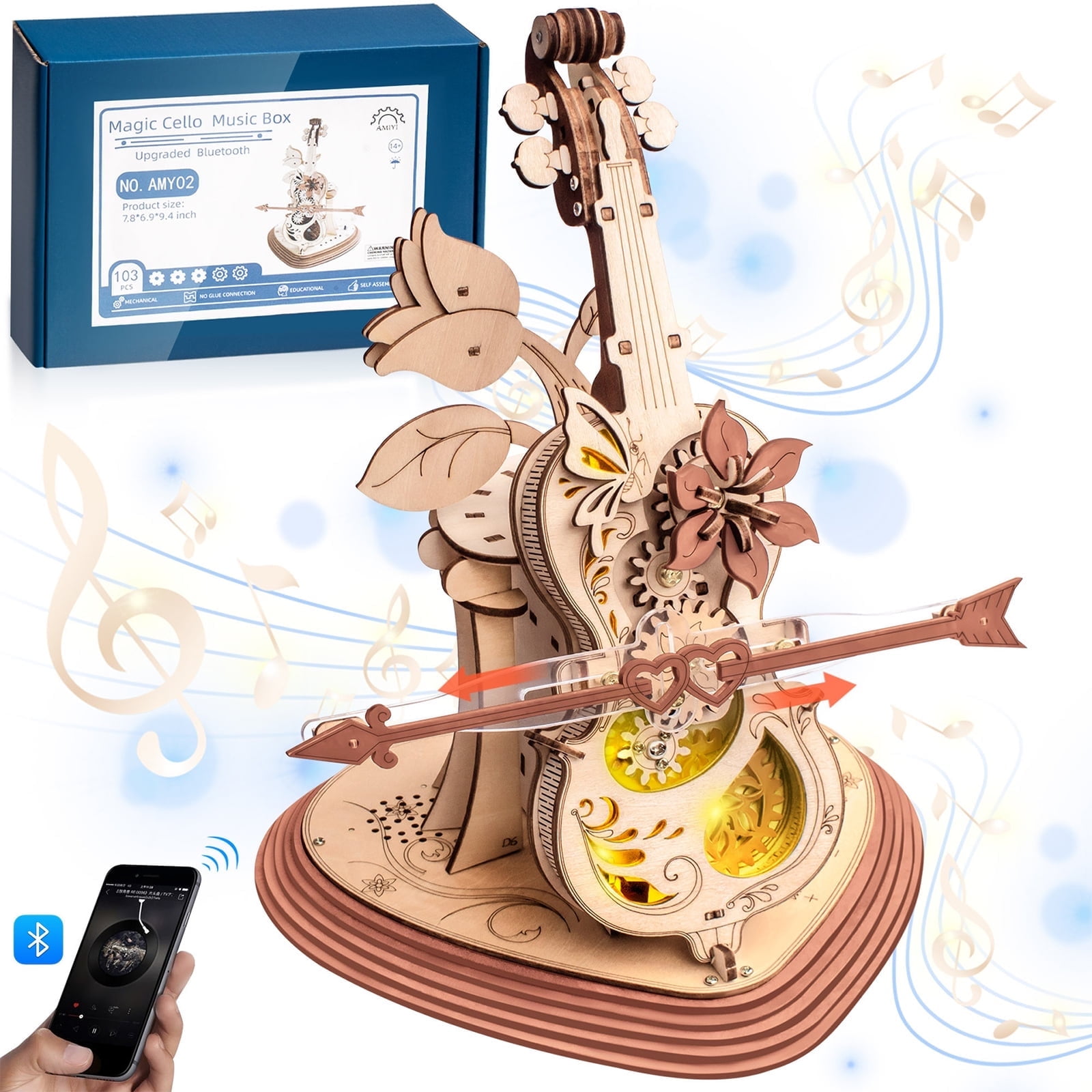 Wallfire 3D Wooden Music Box Puzzles for Adults,Wooden Music Box Kits,Cello Wood Model Kits for ...