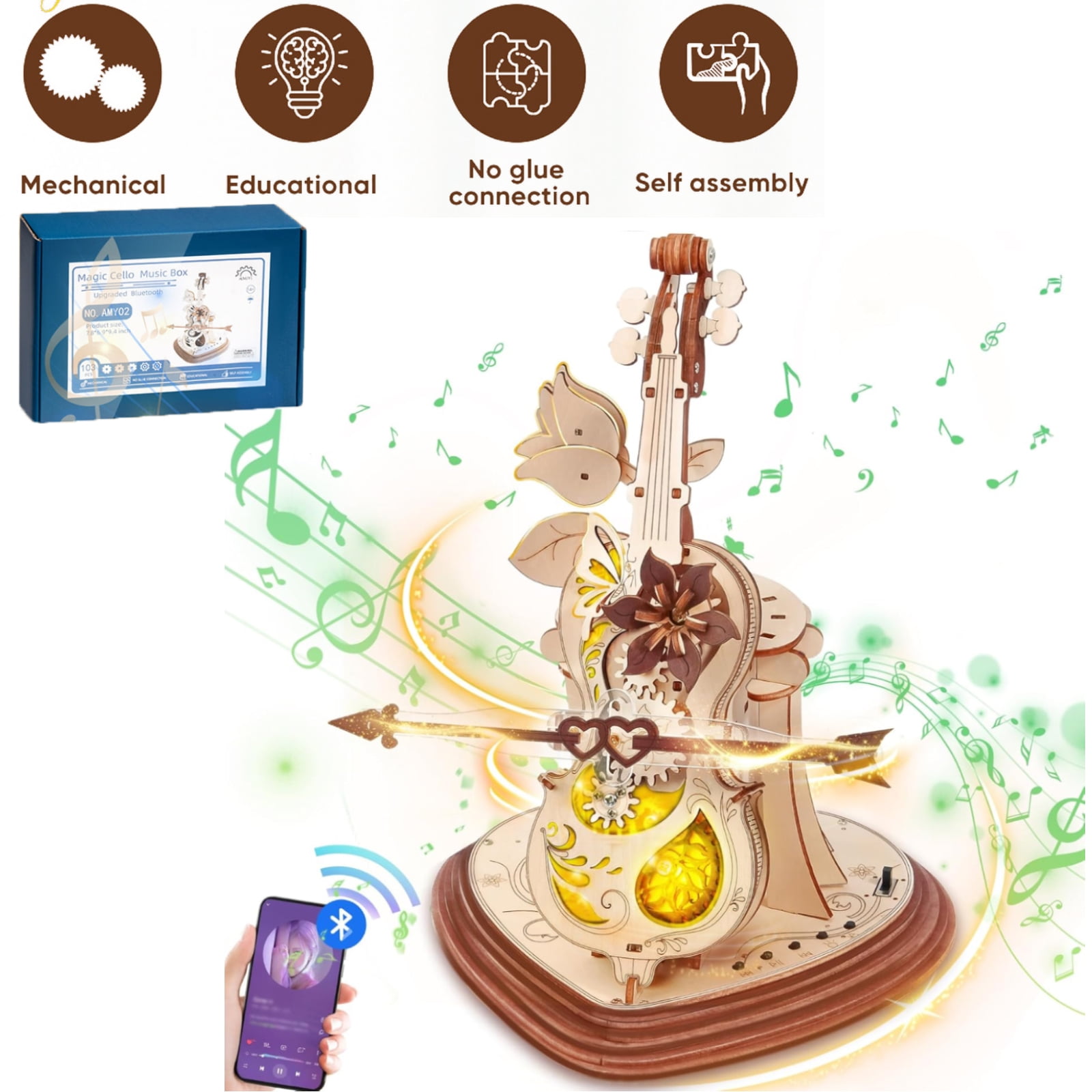 Wallfire 3D Wooden Music Box Puzzles for Adults, Magic Cello Wood Model Kits for Adults to Build ...