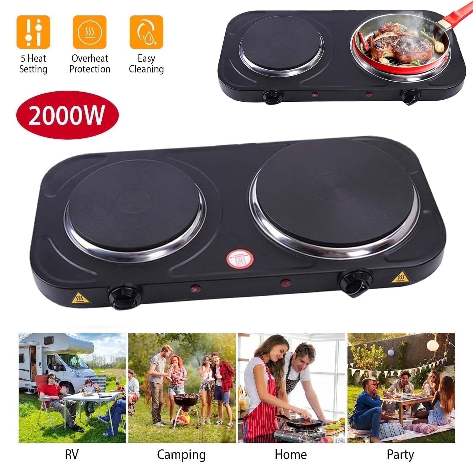 Wallfire Portable Electric Double Burner, 2000W Hot Plate Kitchen Cooktop Cooking Stove Frying ...
