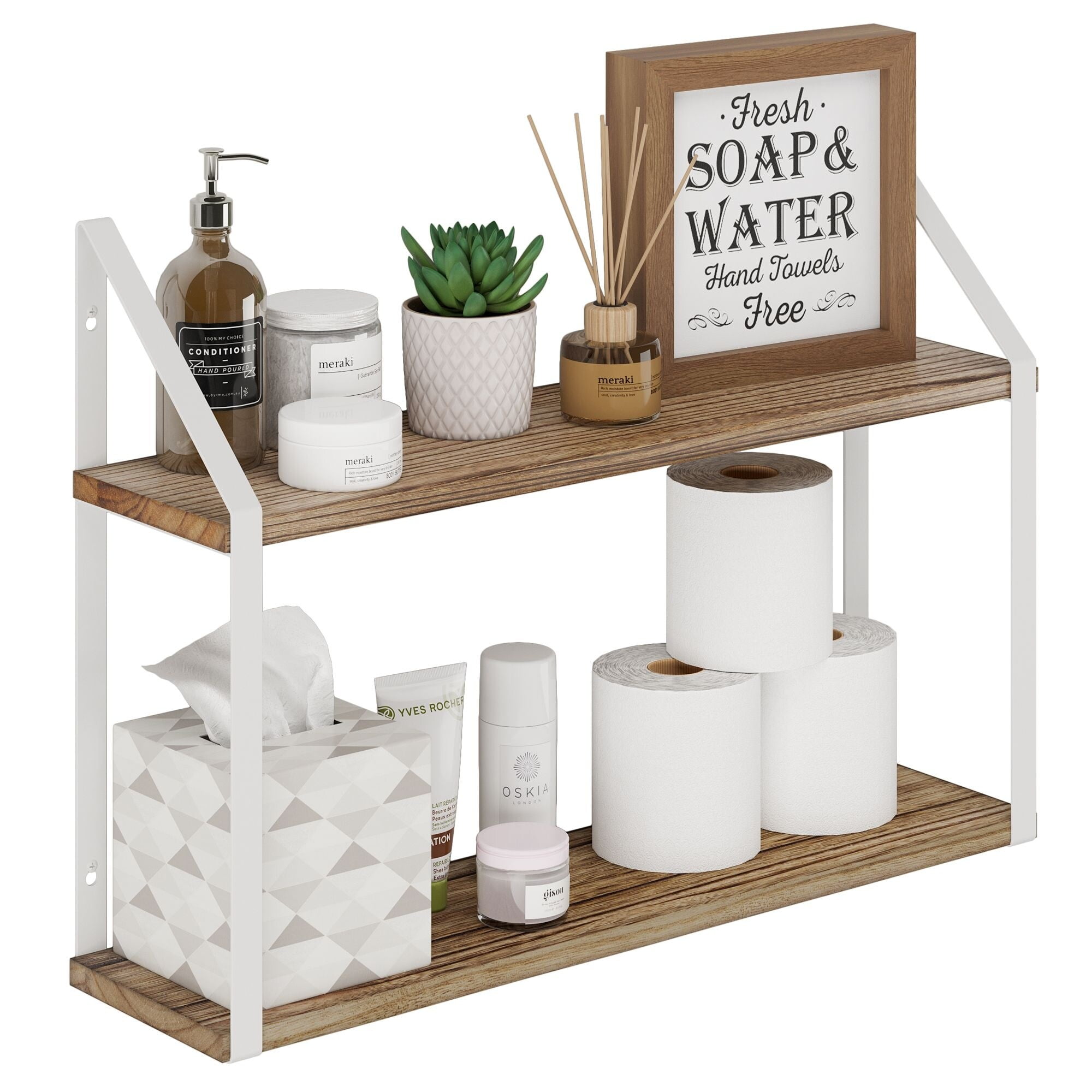 Wallniture Modena 2 Tier Shelves with White Brackets, Bathroom Wall ...