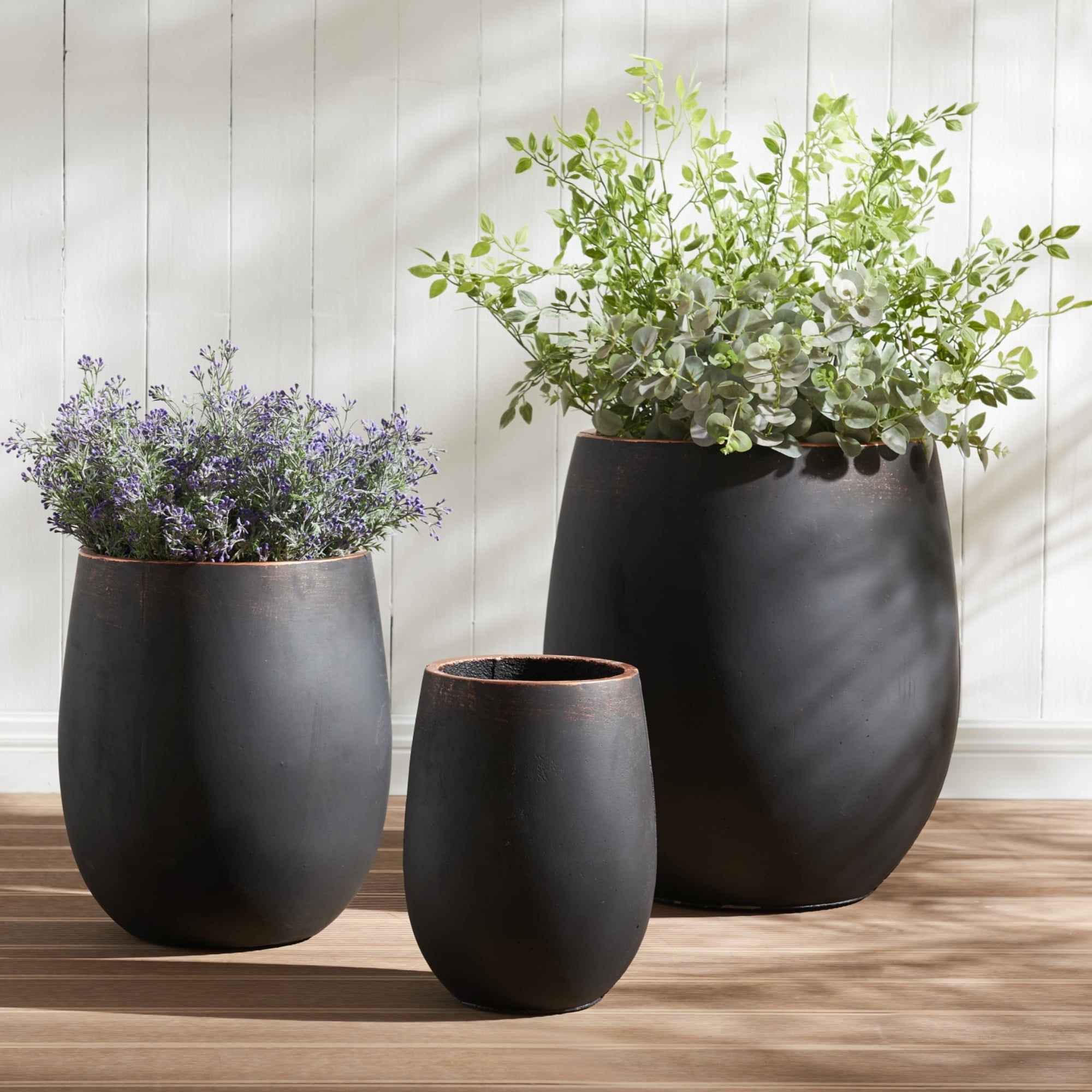 Wallowa 17.7"+13.3"+9.5" Dia Round Concrete Planter Set of 3, Black with Gold Rim, Large Flower ...