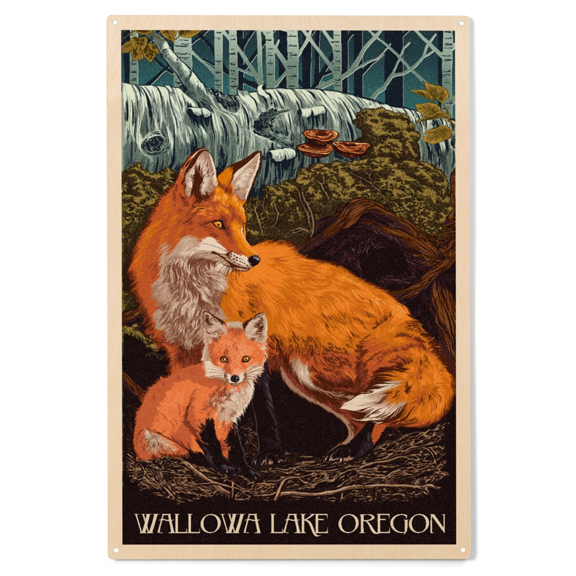 Wallowa Lake, Oregon, Fox and Kit Birch Wood Wall Sign (10x15 Rustic ...