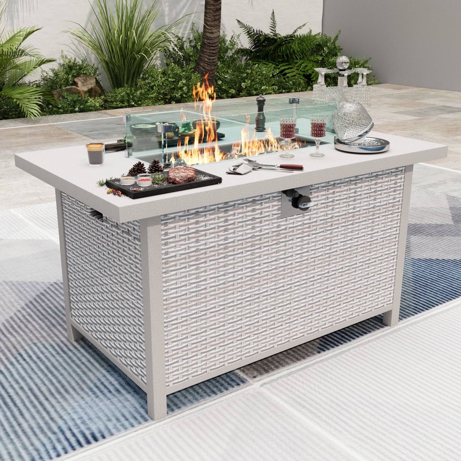Wallowsun Rattan Fire Pit Table,40.5-inch Rectangle Grey Fire Pit ...