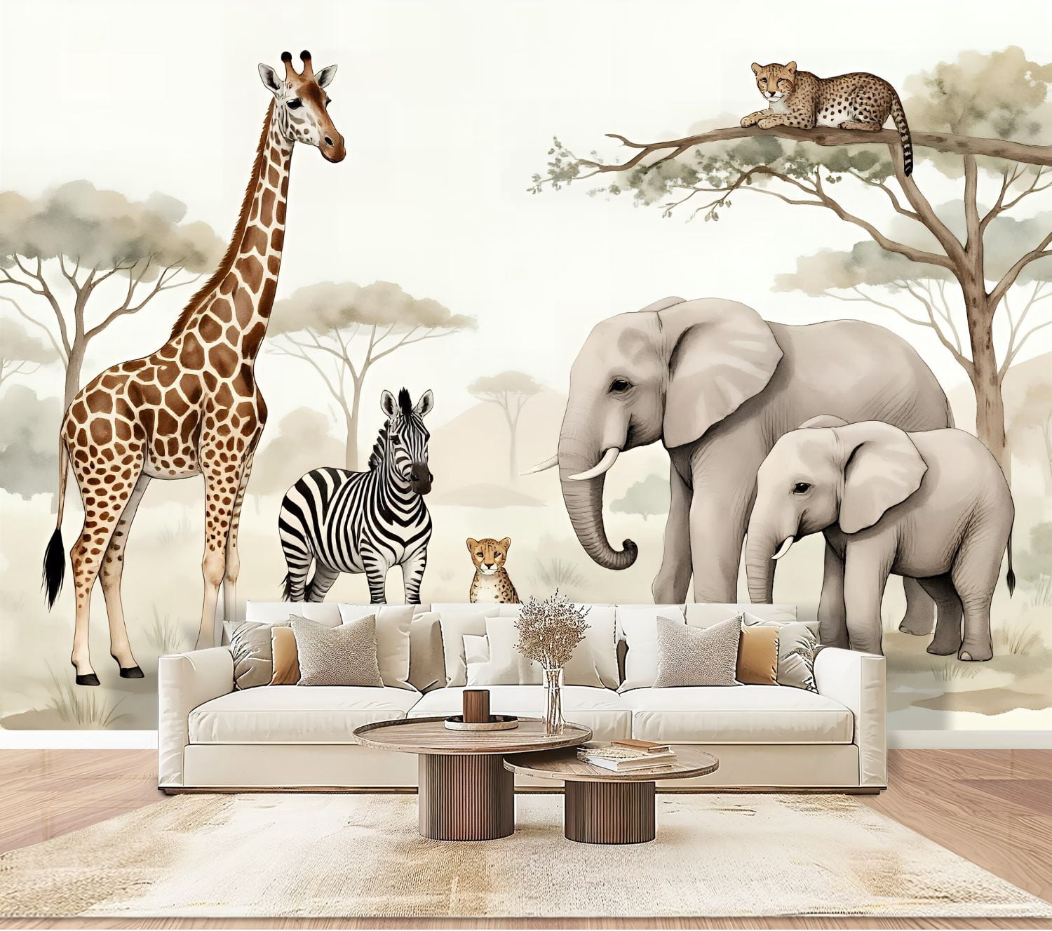 Wallpaper Animals Wild Giraffe Zebra Elephant Leopard Watercolor Art ...
