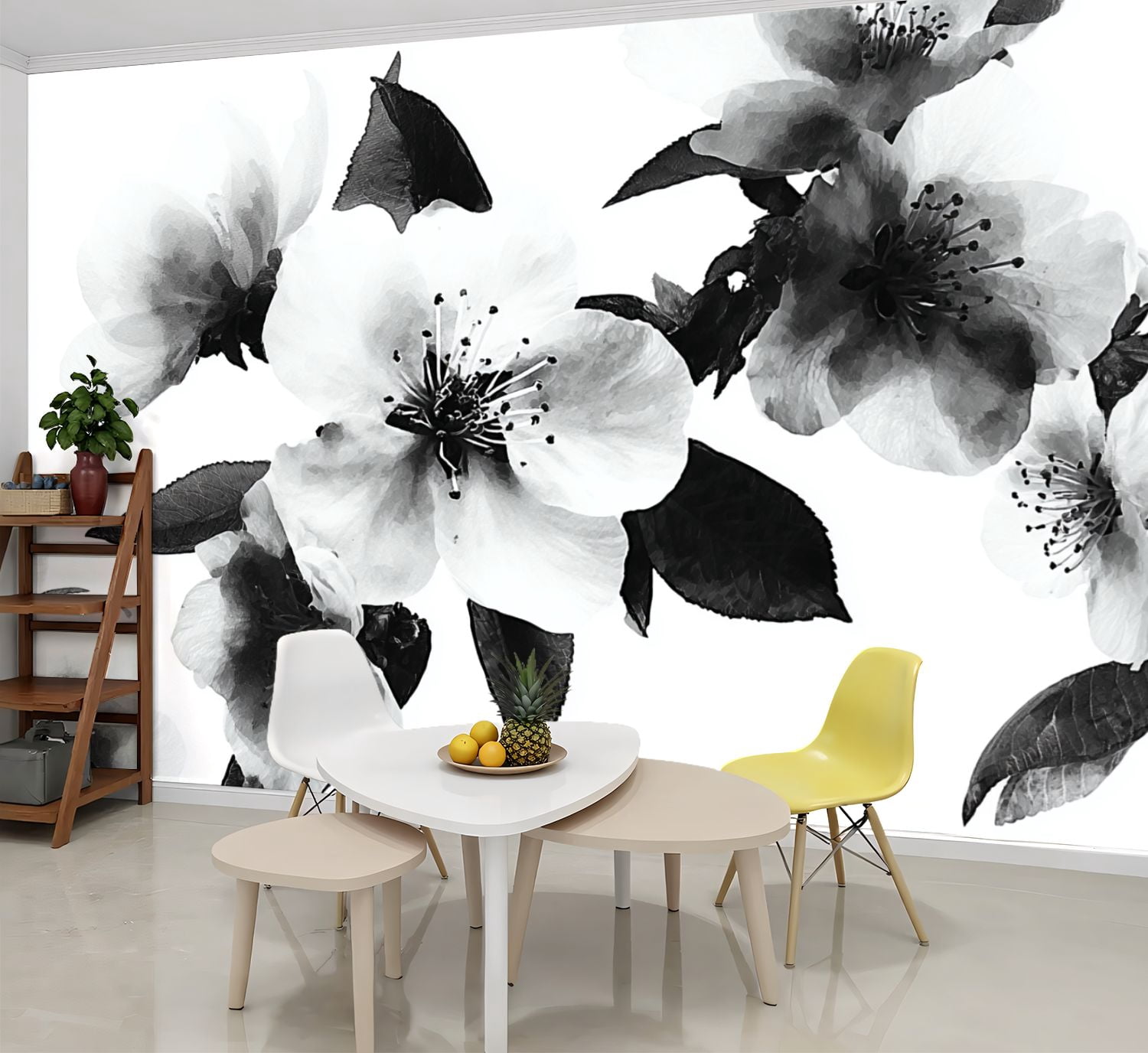 Wallpaper Black White Peach Blossom Floral Ink Art Flowers Petals Peel ...