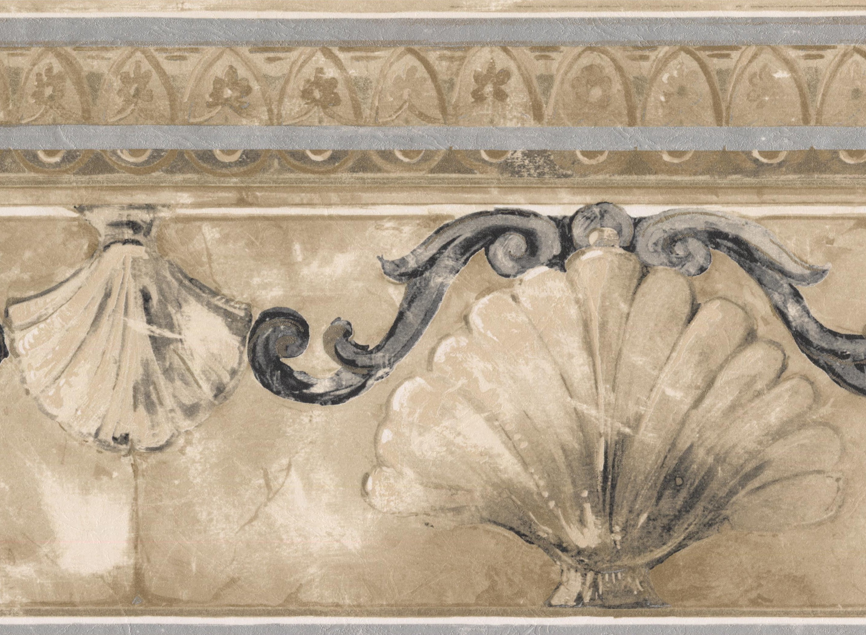 Wallpaper Border - Abstract Seashells Black Damask Scrolls Beige Grey ...