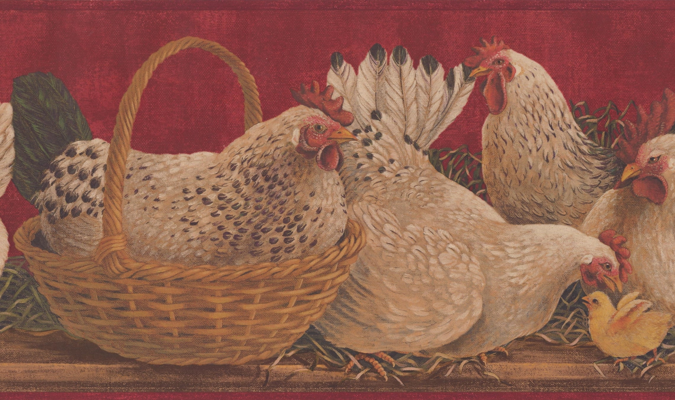 Wallpaper Border - White Hens Yellow Chicken Basket Scarlet Red Kitchen ...