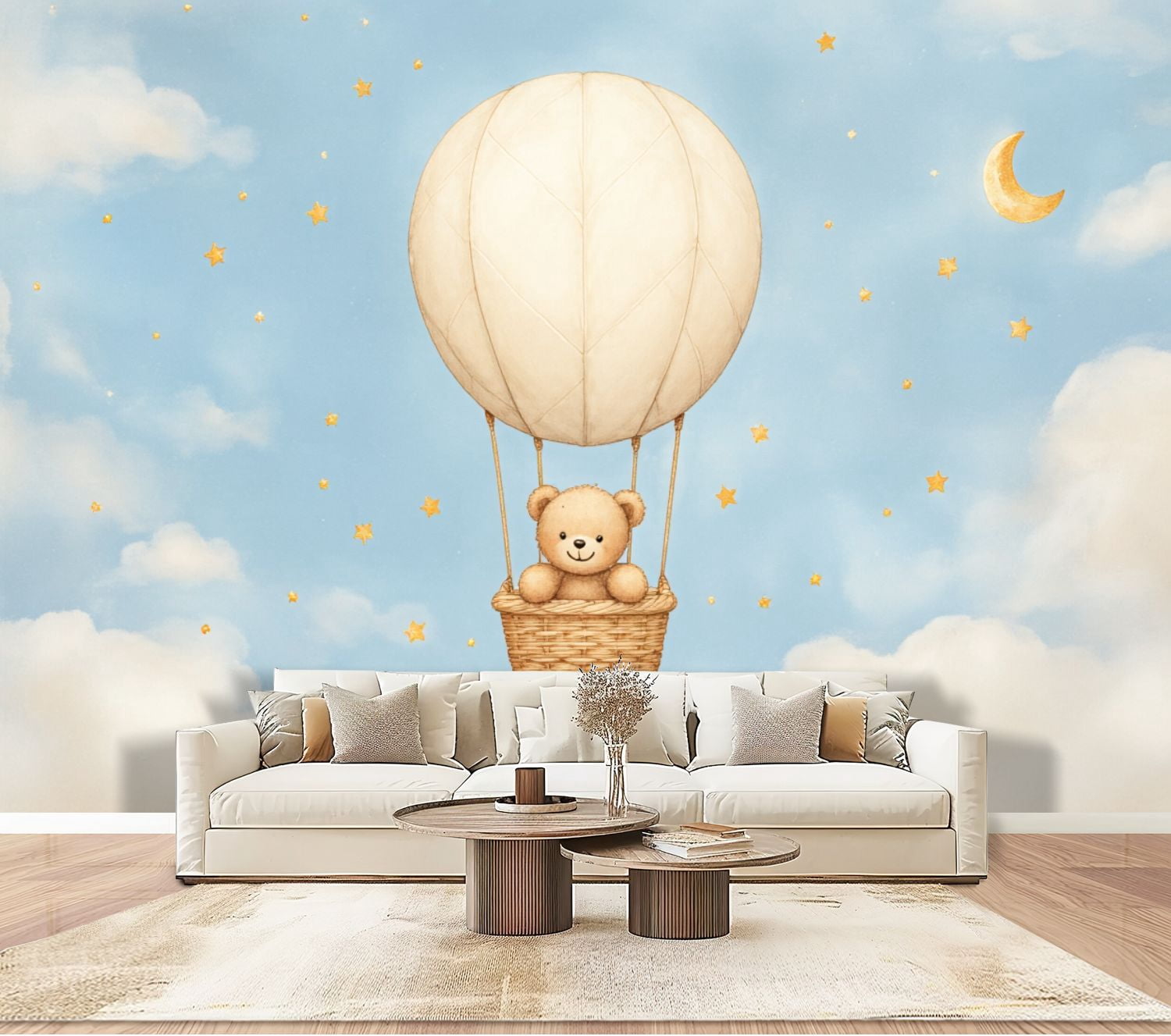 Wallpaper Cute Teddy Bear Hot Air Balloon Pastel Clouds Stars Peel and ...