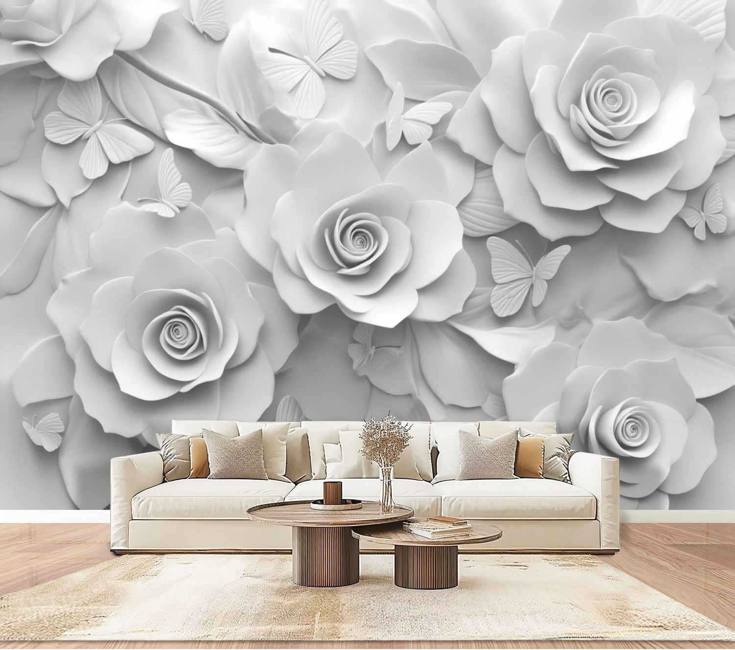 Wallpaper Elegant White Floral Design Butterflies Soft Petals Peel and ...