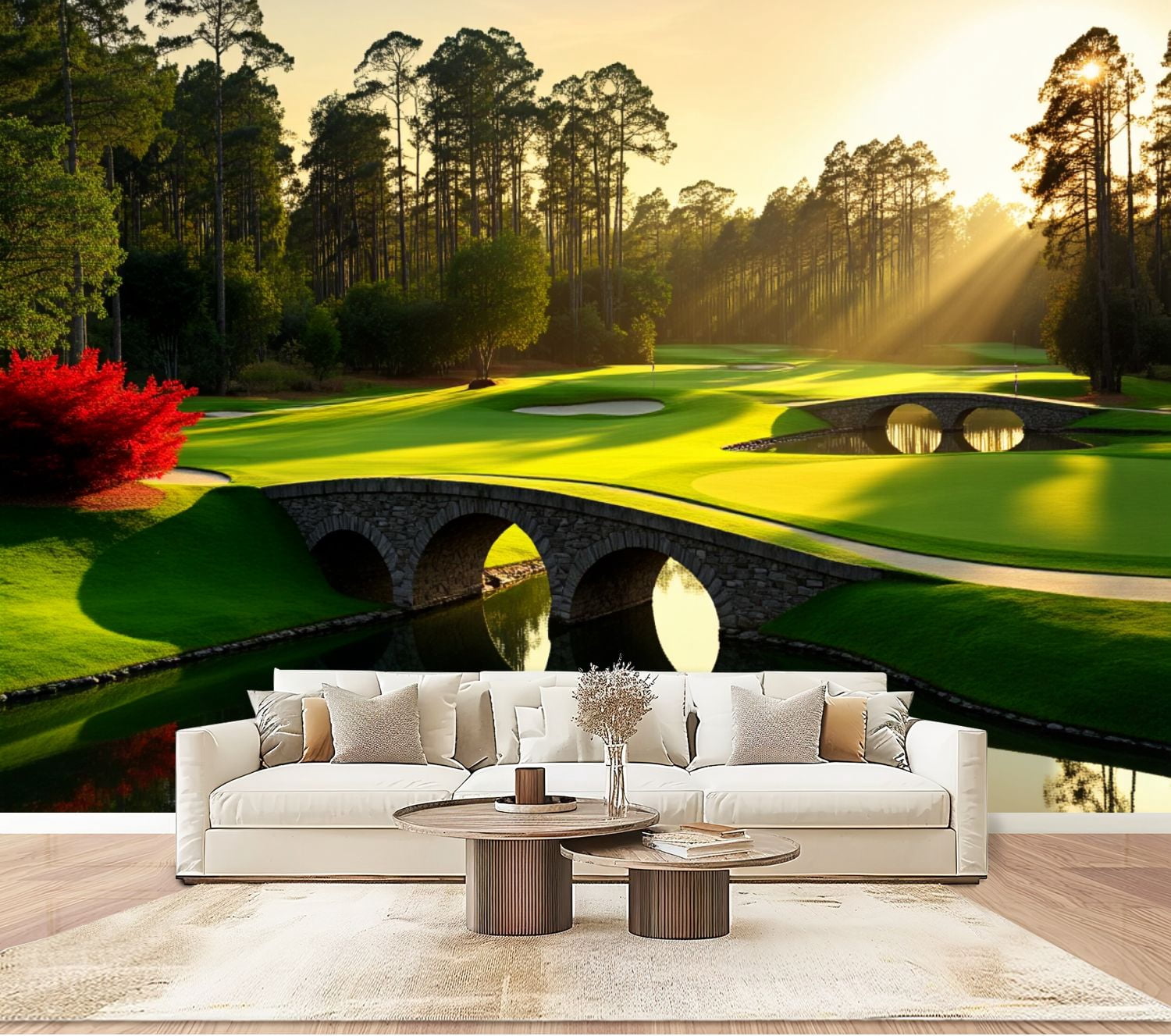 Wallpaper Golf Course Bridge Water Reflection Trees Greenery Realism ...