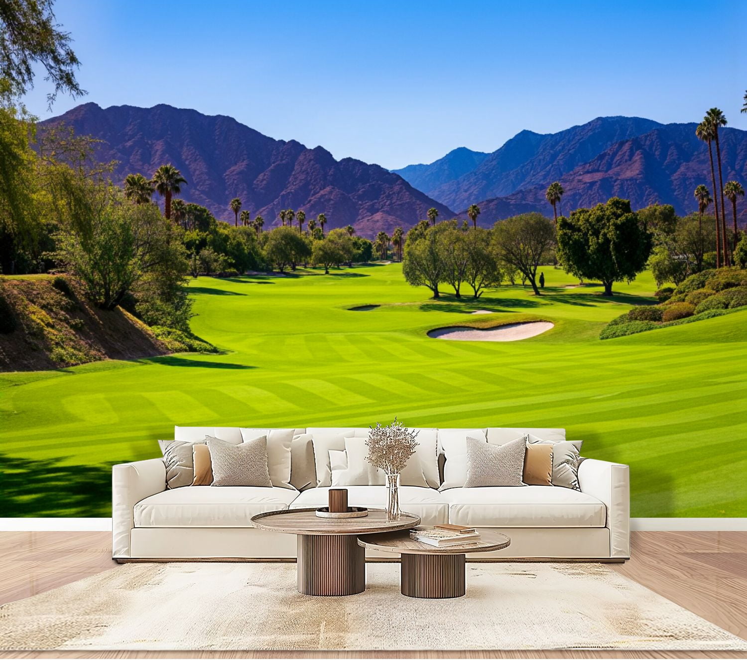 Wallpaper Golf Course Modern Artwork Green Desert Mountain Palm Trees ...