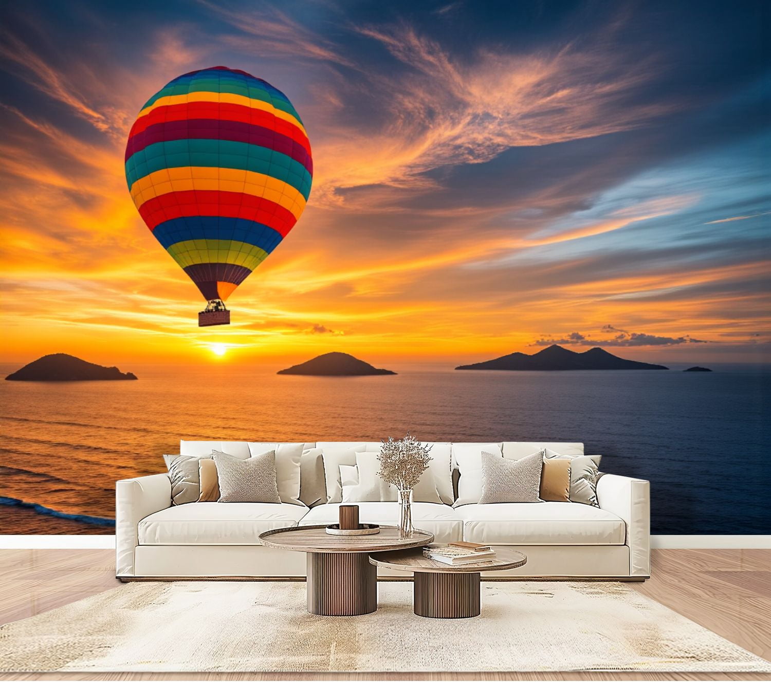 Wallpaper Hot Air Balloon Golden Sunset Calm Ocean Island Peel and ...