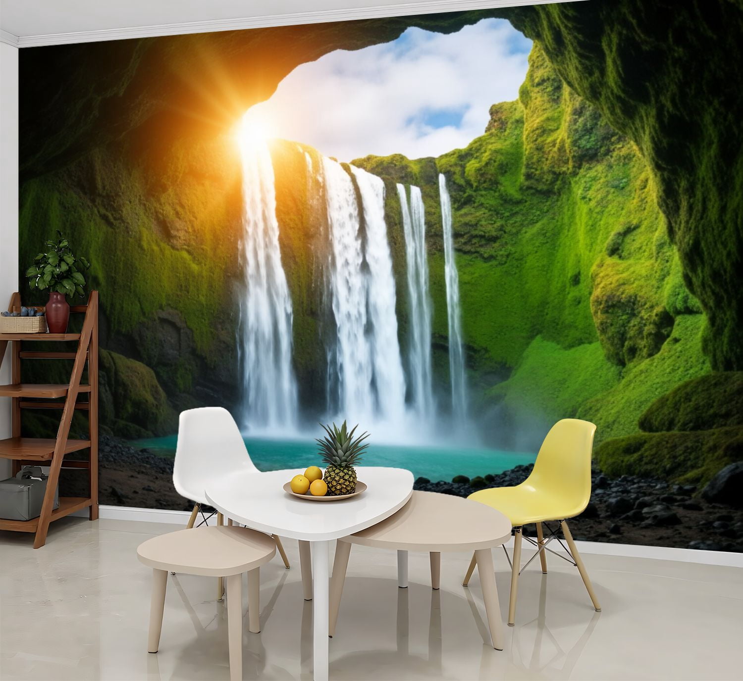 Wallpaper Majestic Waterfall Flowing Green Cave Landscape Peel and ...