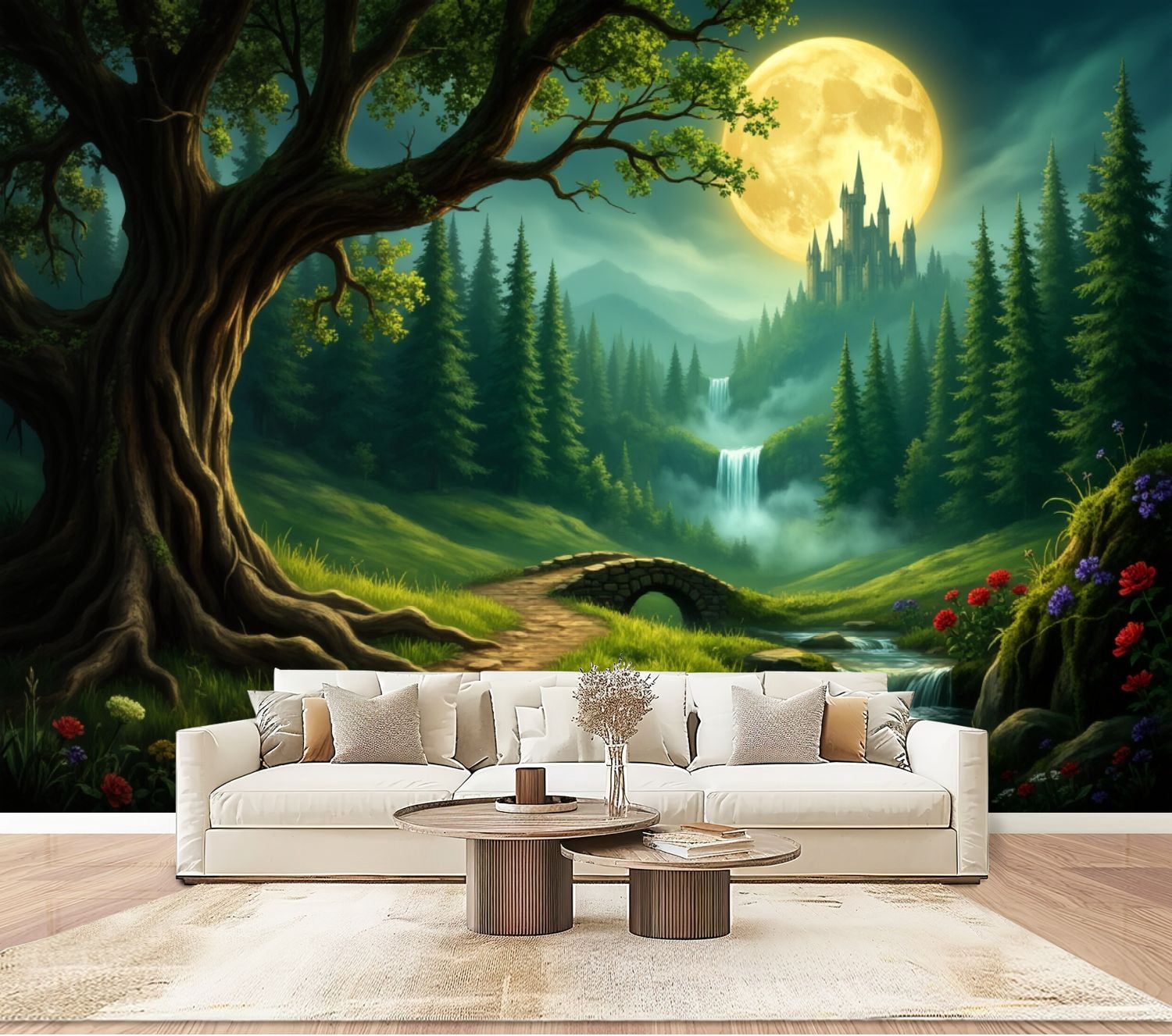 Wallpaper Mystical Forest Landscape Bridge Waterfalls Castle Peel and ...