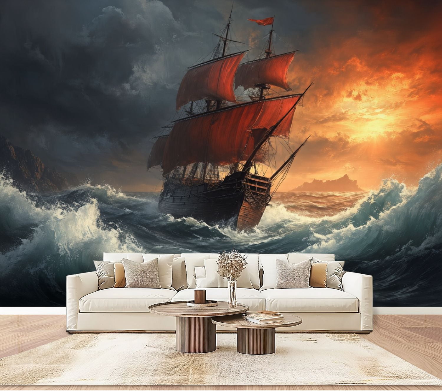 Wallpaper Old Ship Pirate Ship Sunset Rough Sea Ship Ocean Waves Peel ...