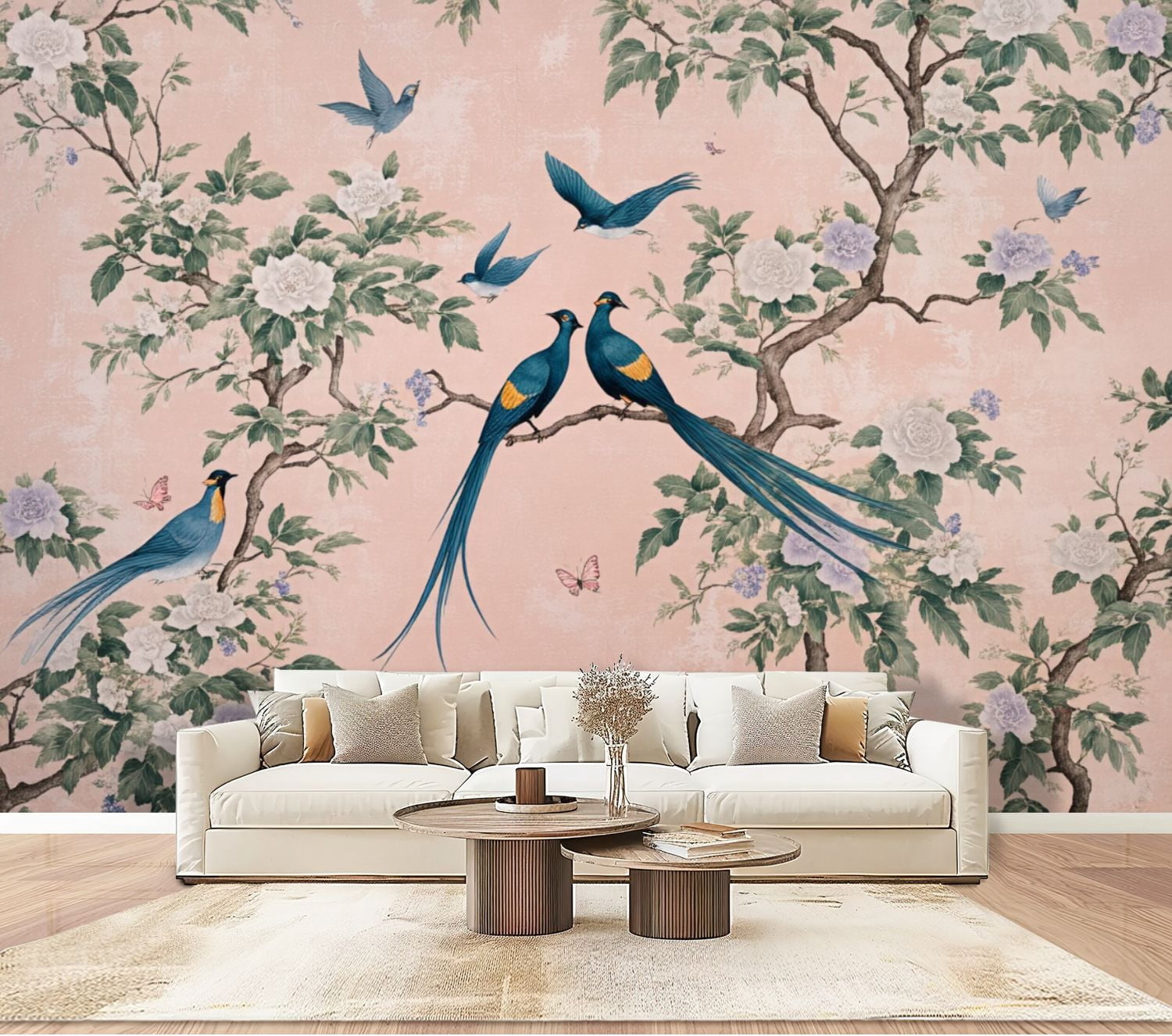 Wallpaper Peacock Birds Floral Branches Botanical Soft Pink Peel and ...
