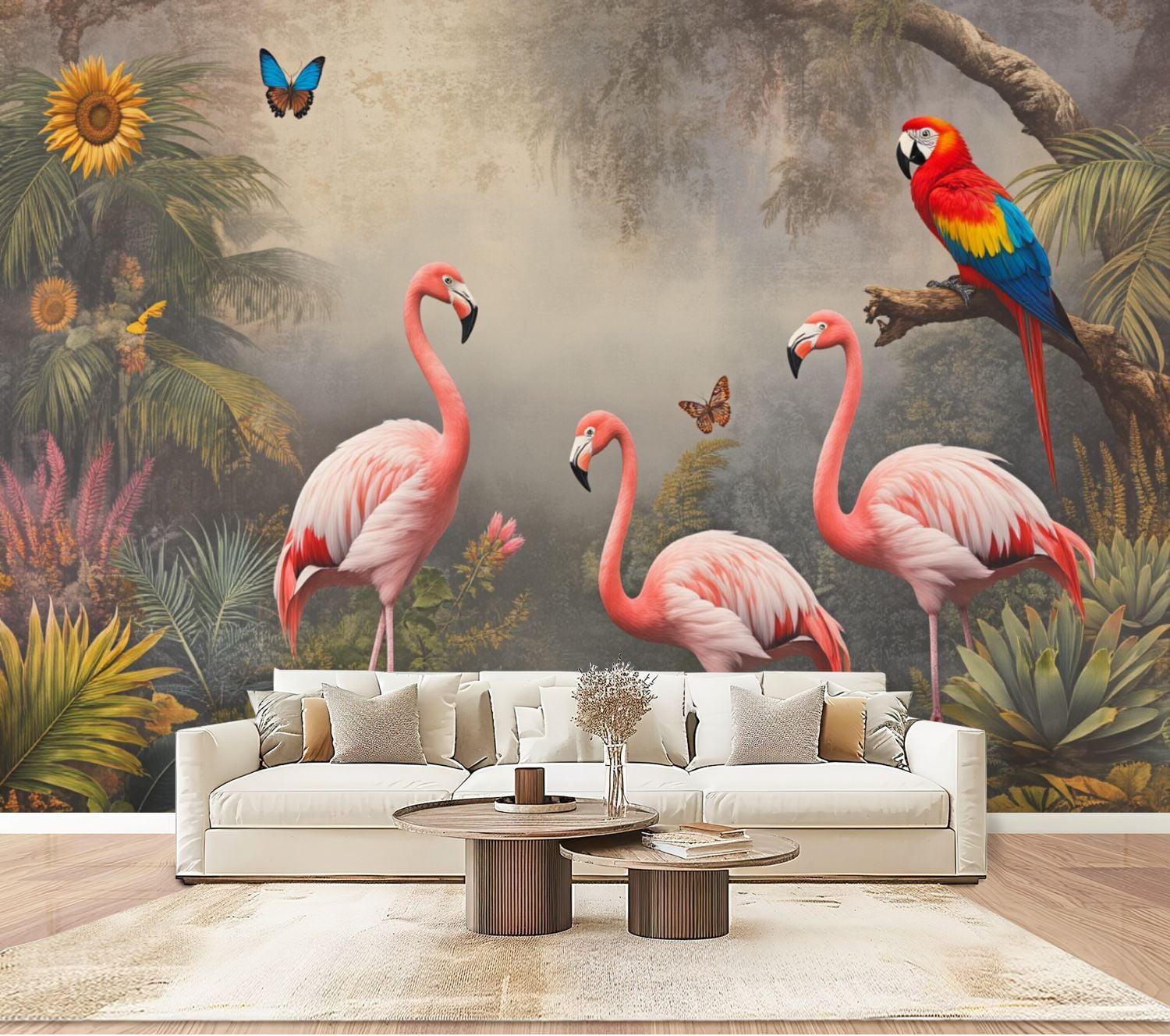Wallpaper Retro Abstract Vintage Flamingo Animals Flamingos Parrot Tree ...