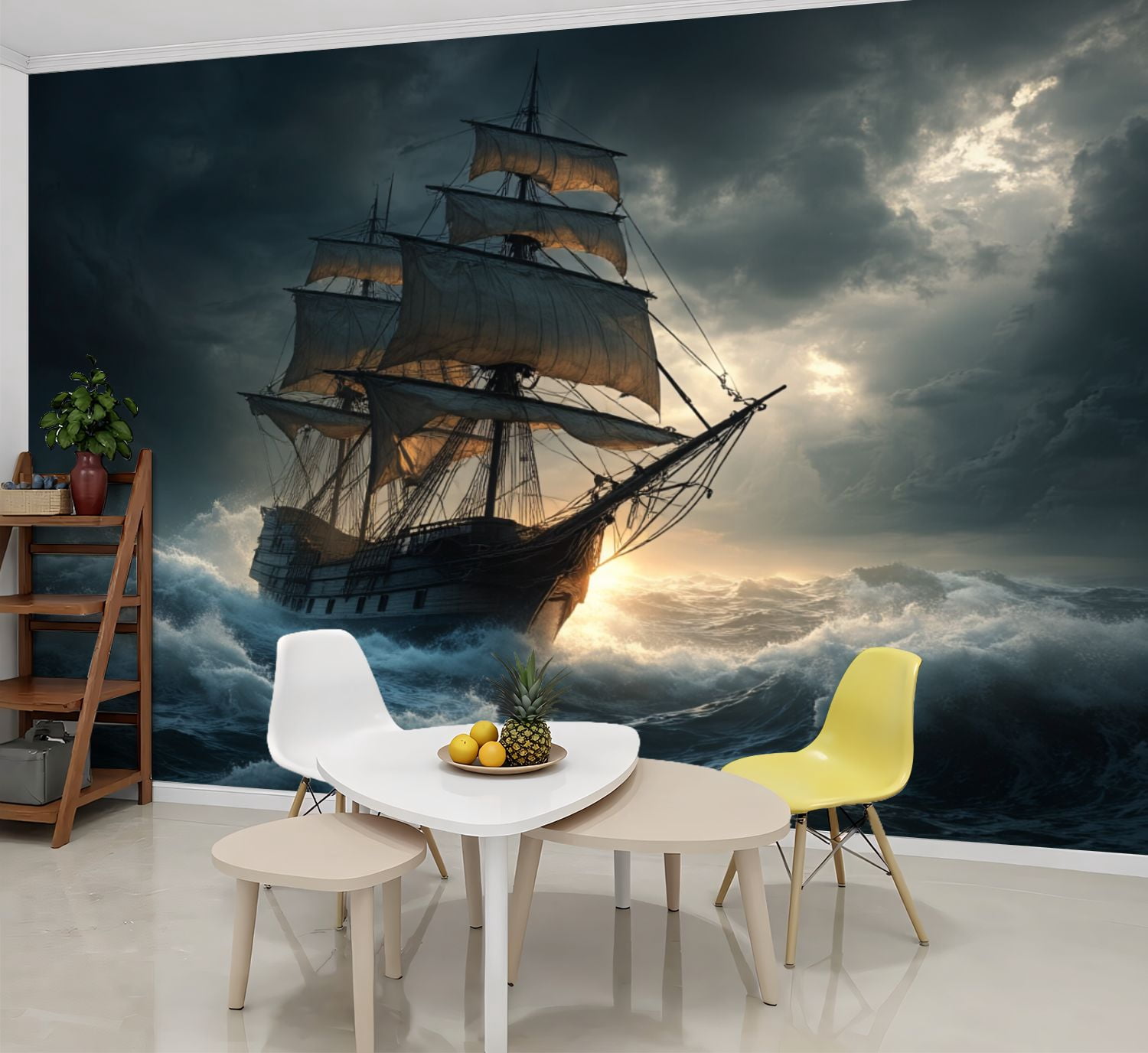 Wallpaper Seascape Pirate Ship Braves Crashing Waves Sailboat Peel and ...