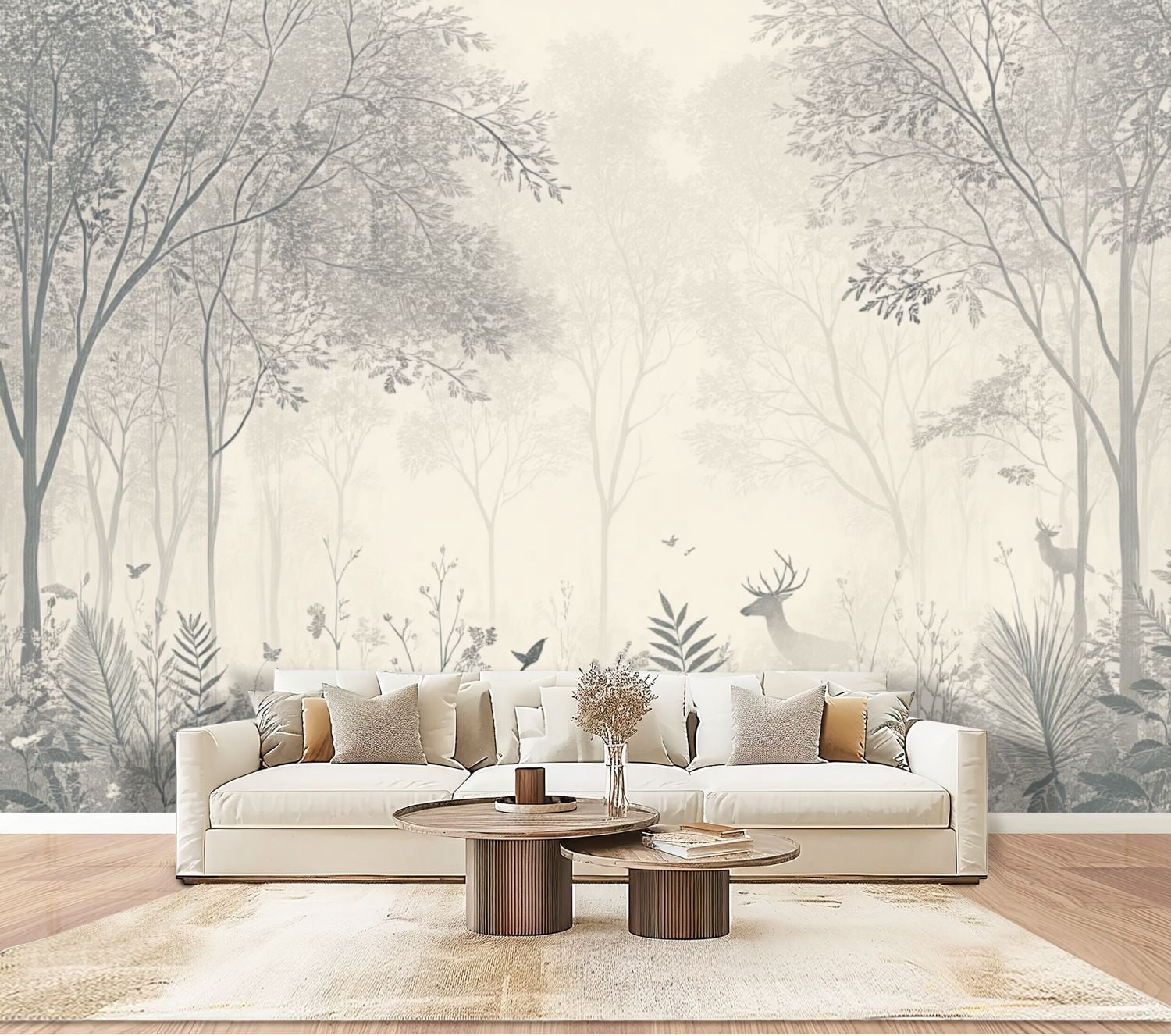 Wallpaper Serene Forest Landscape Deer Birds Foliage Misty Peel and ...