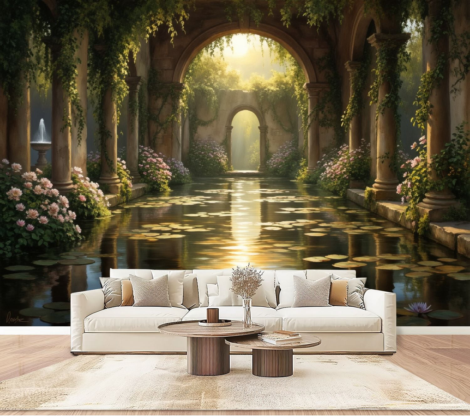 Wallpaper Serene Garden Flowing Water Columns Blooming Lilies Peel and ...