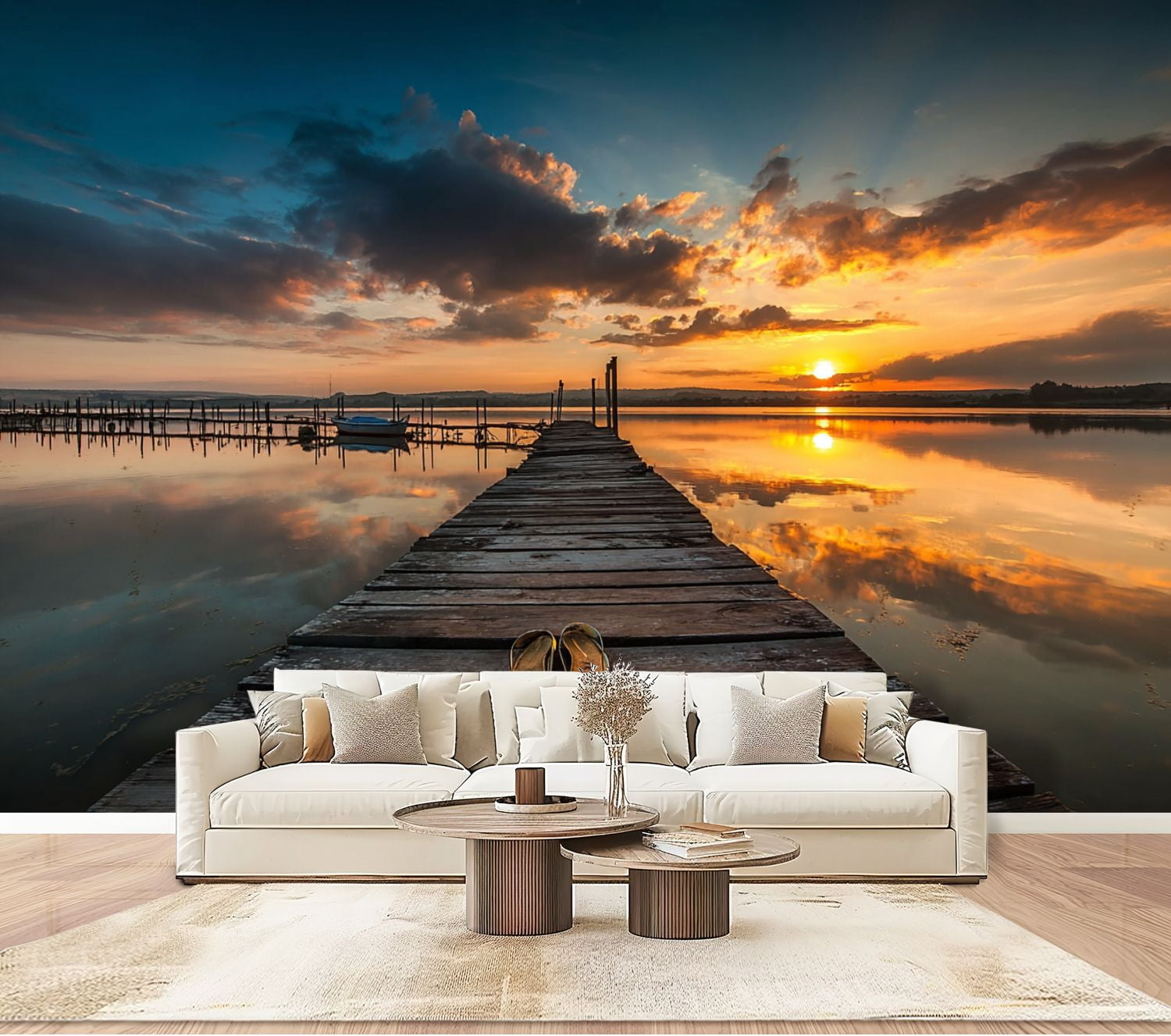 Wallpaper Small Dock Boat lake Peel and Stick Wall Murals 100"H x 144"W ...