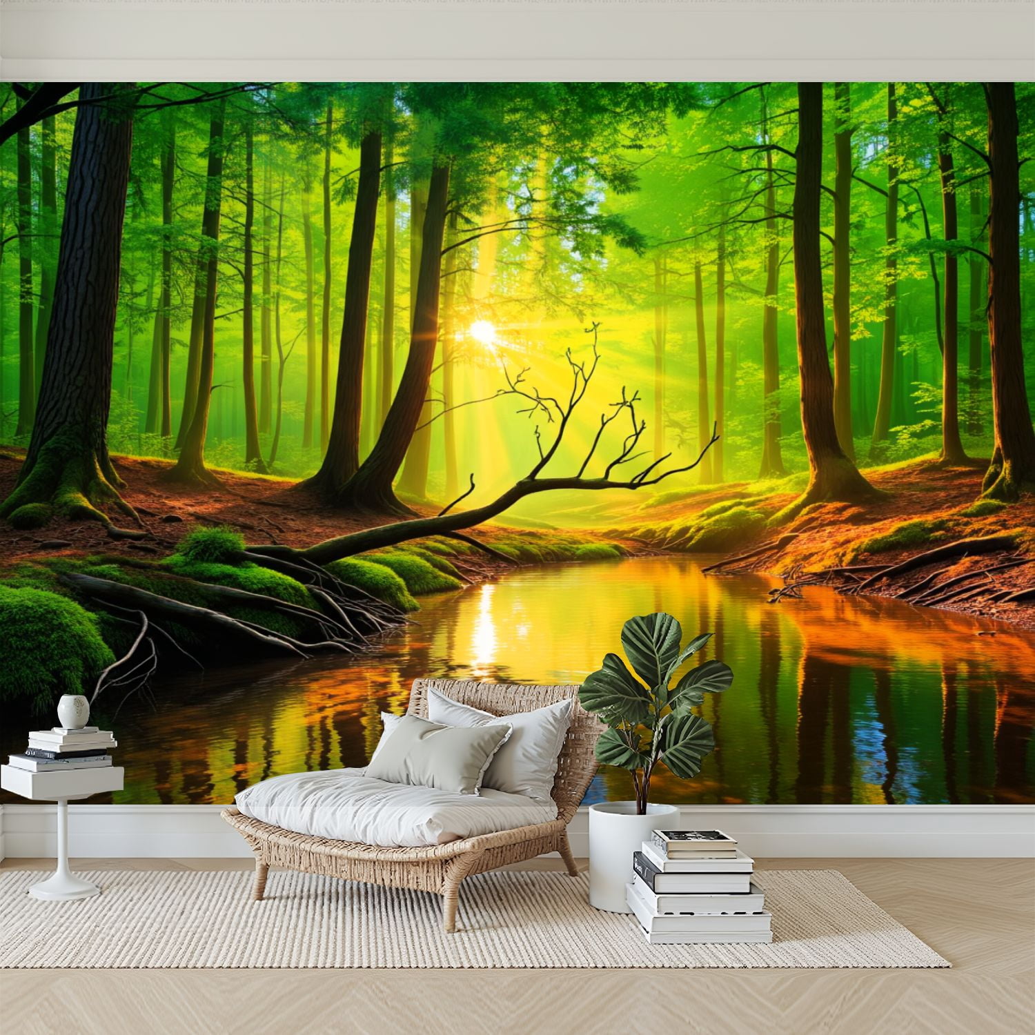 Wallpaper Sunlit Forest Stream Green Trees Reflective Water Vintage ...