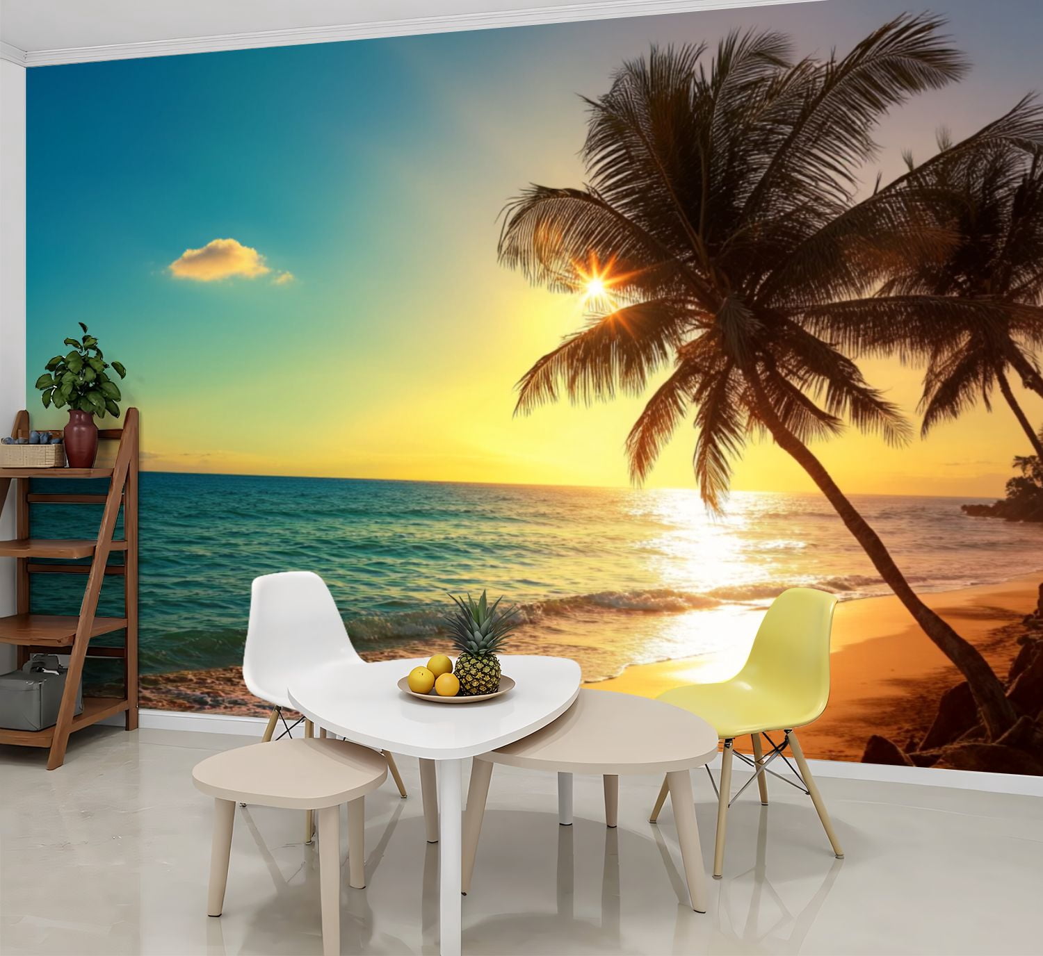 Wallpaper Sunset Ocean Beach Waves Coconut Tree Scenery Modern Peel and ...