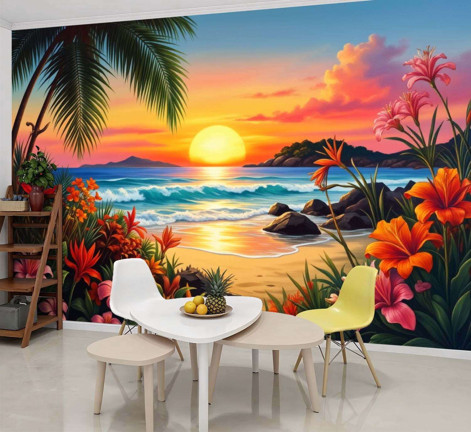 Wallpaper Tropical Sunset Beach Vibrant Flowers Palm Trees Peel and ...
