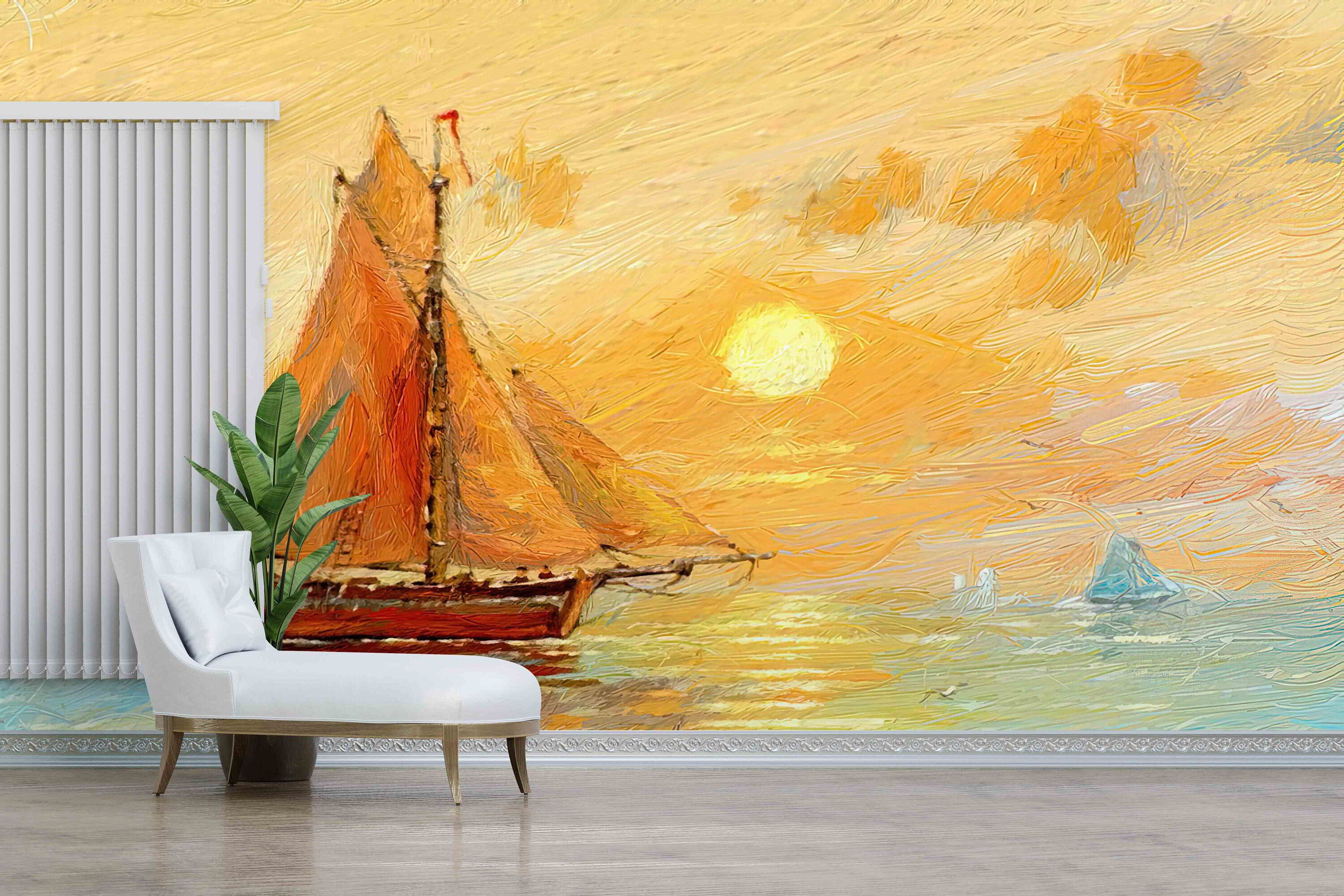 Wallpaper Wall Art, Abstract Sea Wall Painting, Fishing Boats Paiting ...