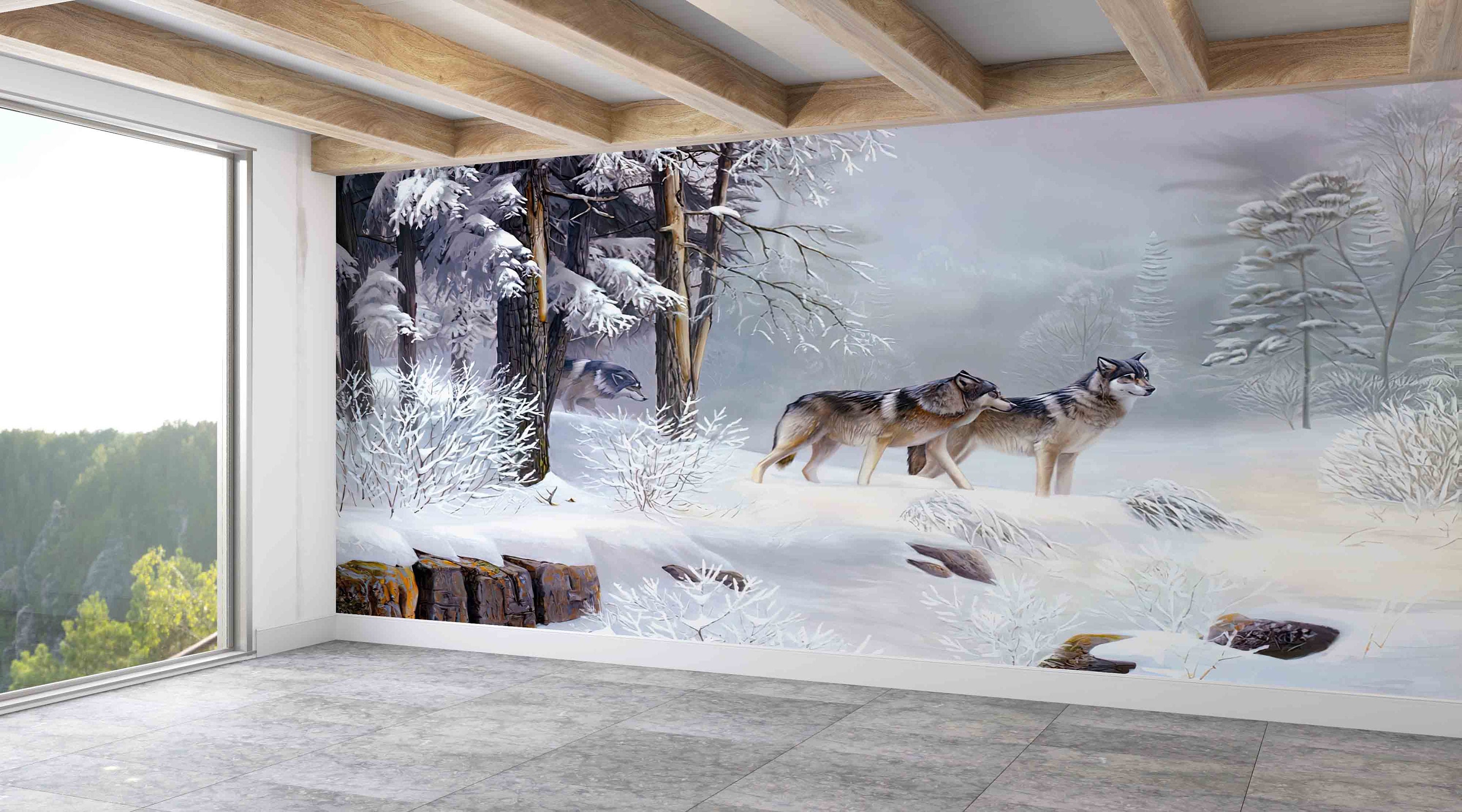 Wallpaper Wall Art, Forest Wall Decor, Paper Wall Art Three Wolf Wall ...