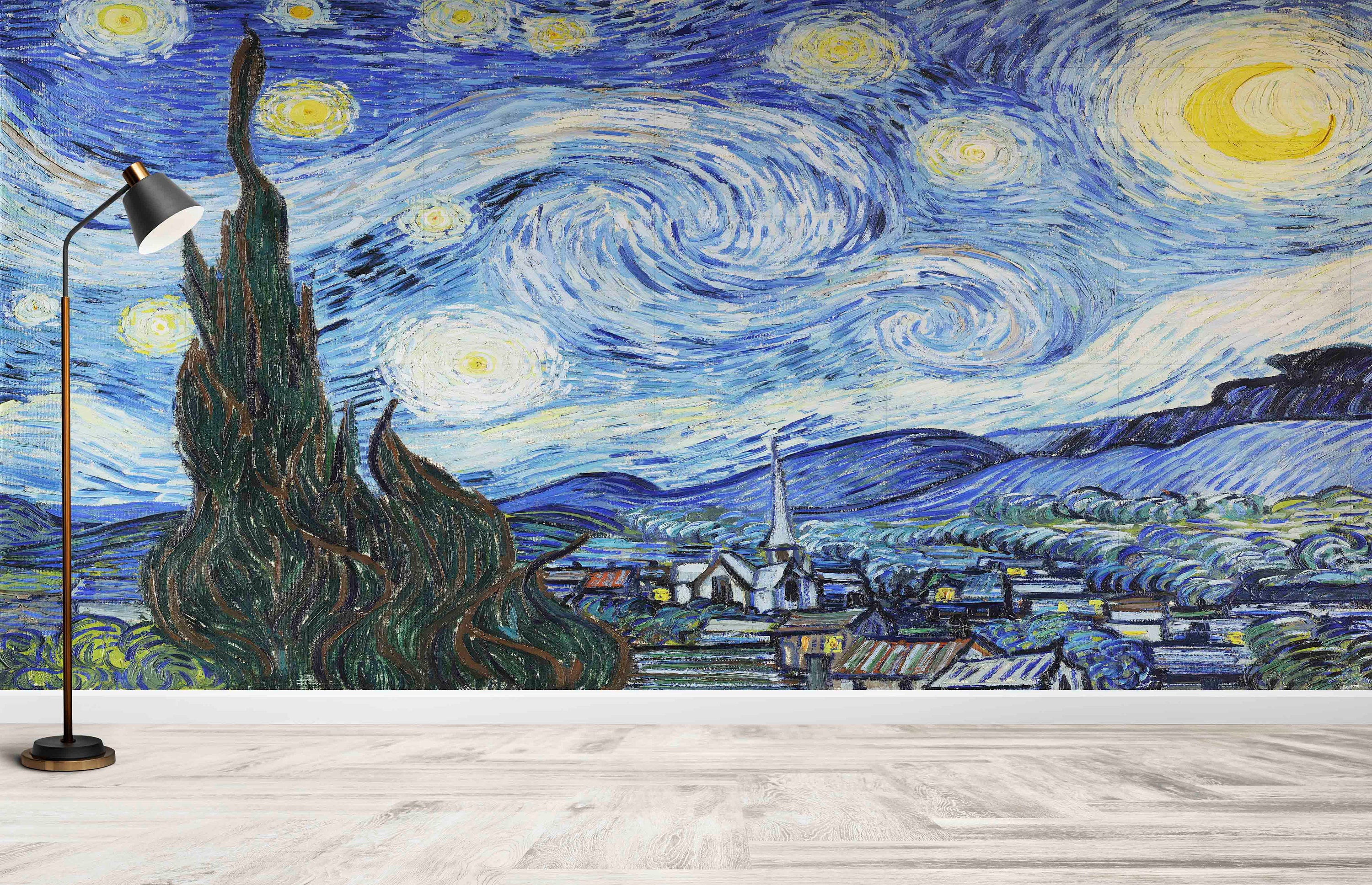 Wallpaper Wall Art, Oil Painting Print, The Starry Night Mural, Bright ...