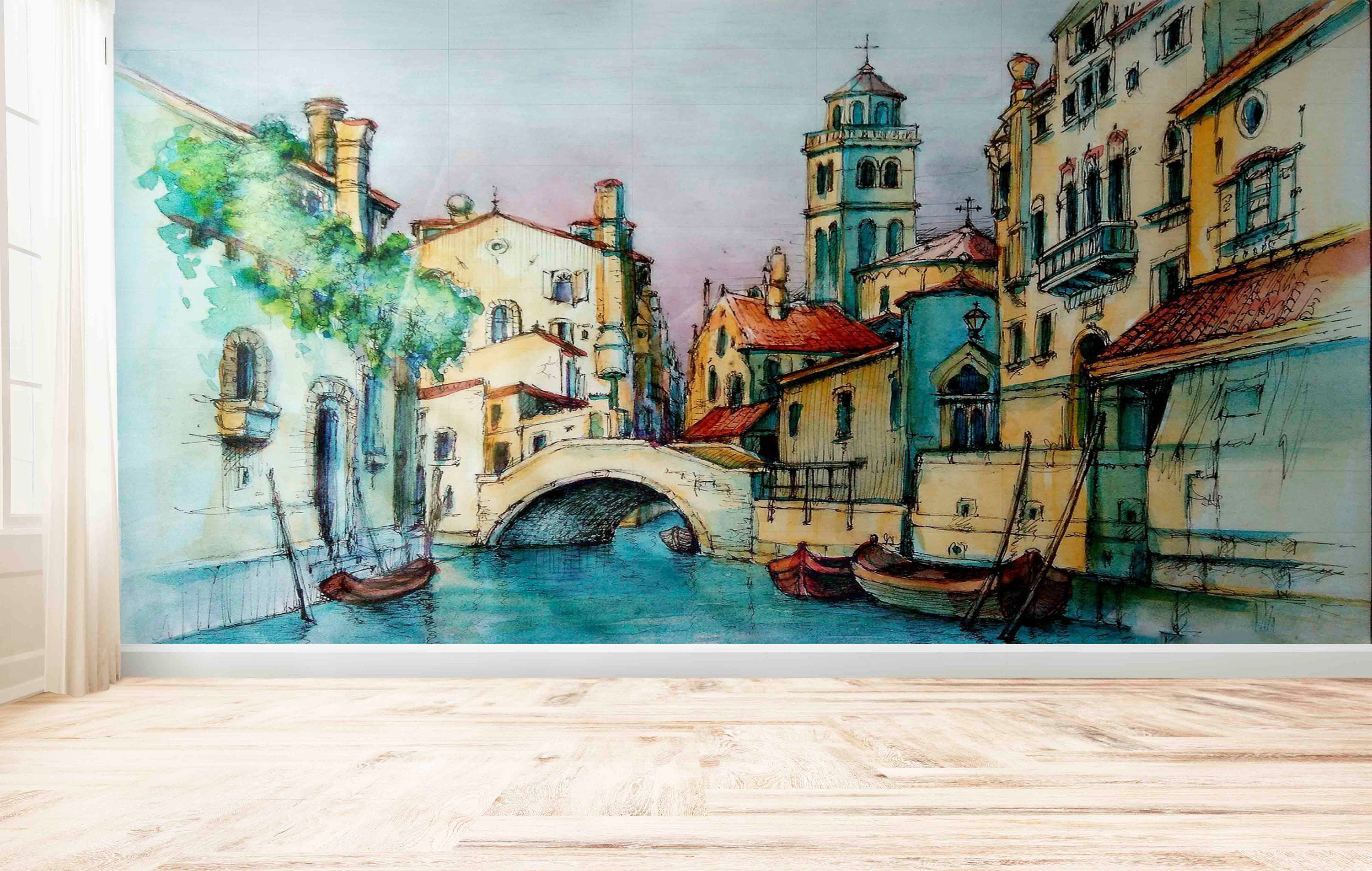 Wallpaper Wall Art, Paper Wall Art Old Bridge Mural, Venice Landscape ...